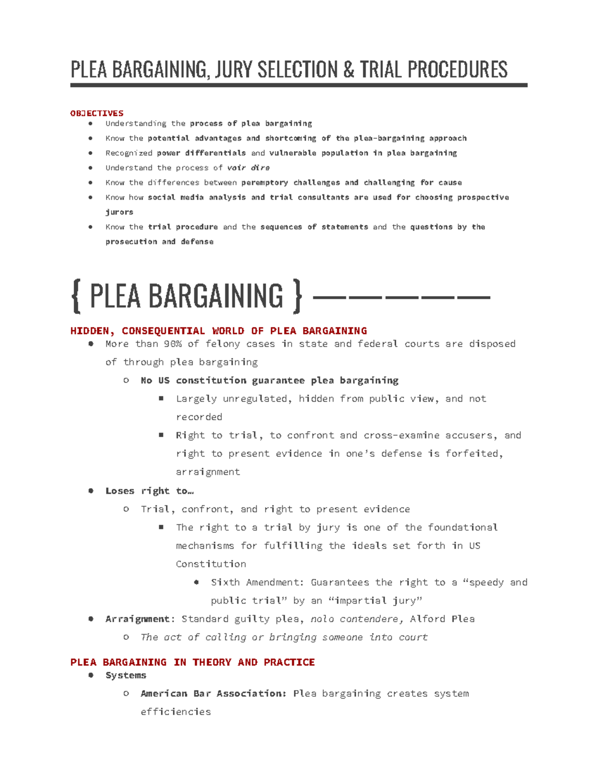 Plea Bargining, Jury Selection, and Trial Procedures - PLEA BARGAINING ...