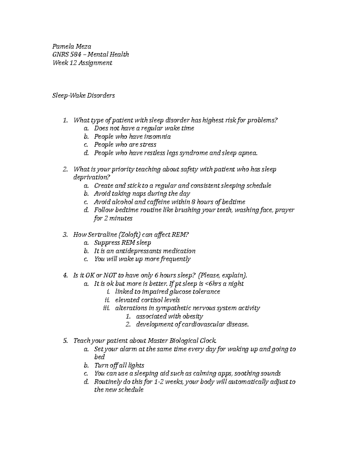 Mental Health-Sleep-Wake Disorder class work - Pamela Meza GNRS 584 ...