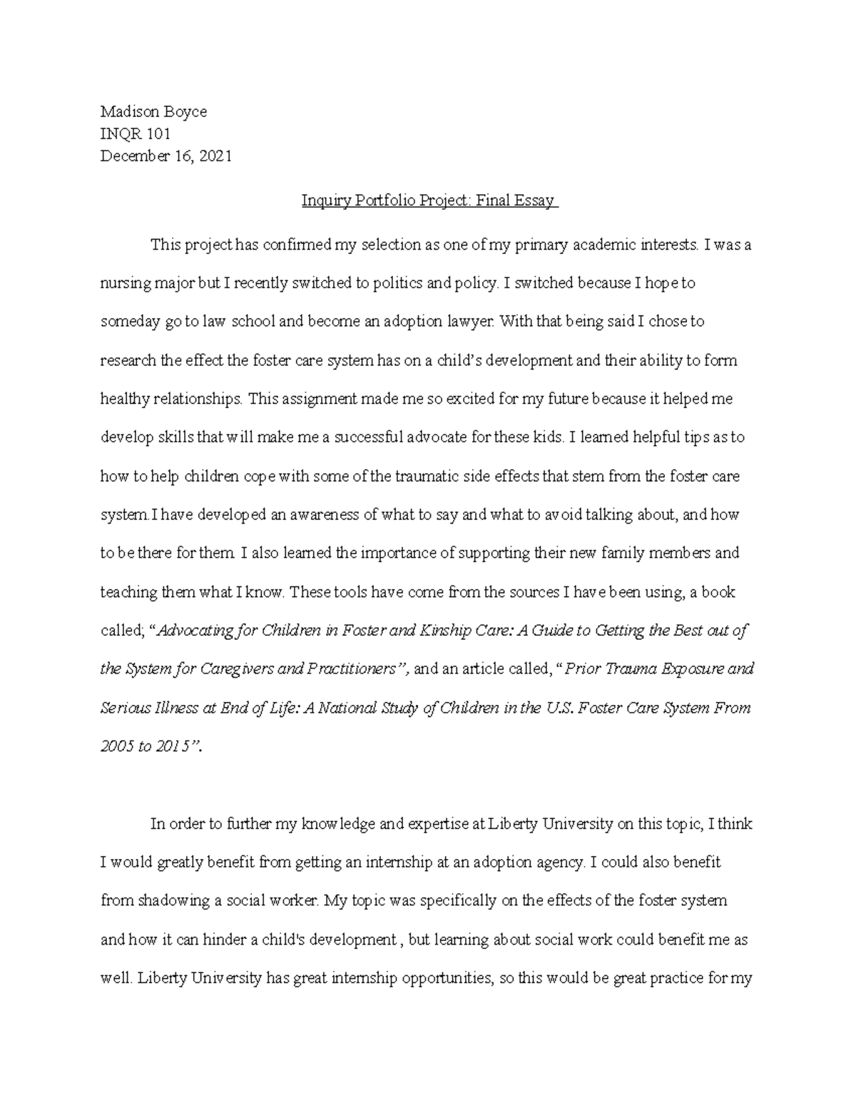Inquiry Portfolio Final Essay - Madison Boyce INQR 101 December 16 ...