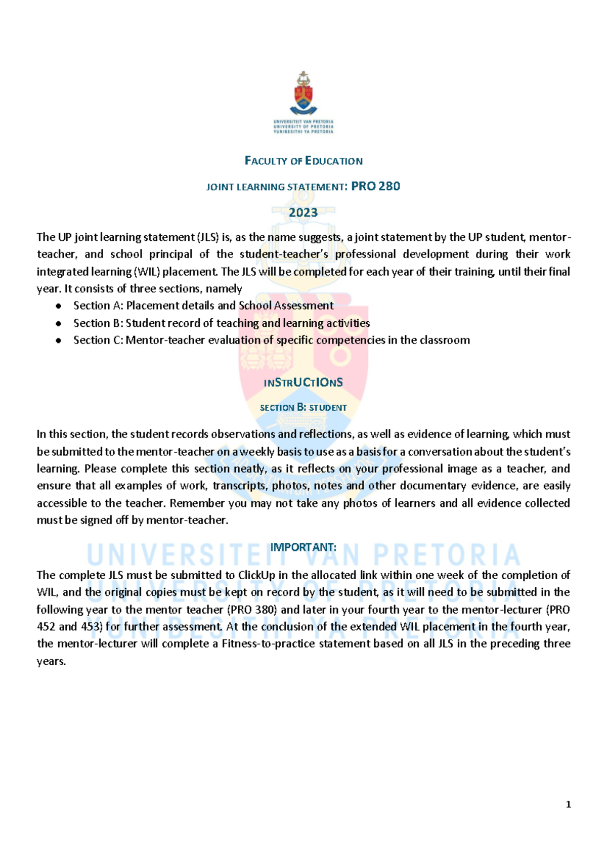 Individual Joint Learning Statement - FACULTY OF EDUCATION JOINT ...