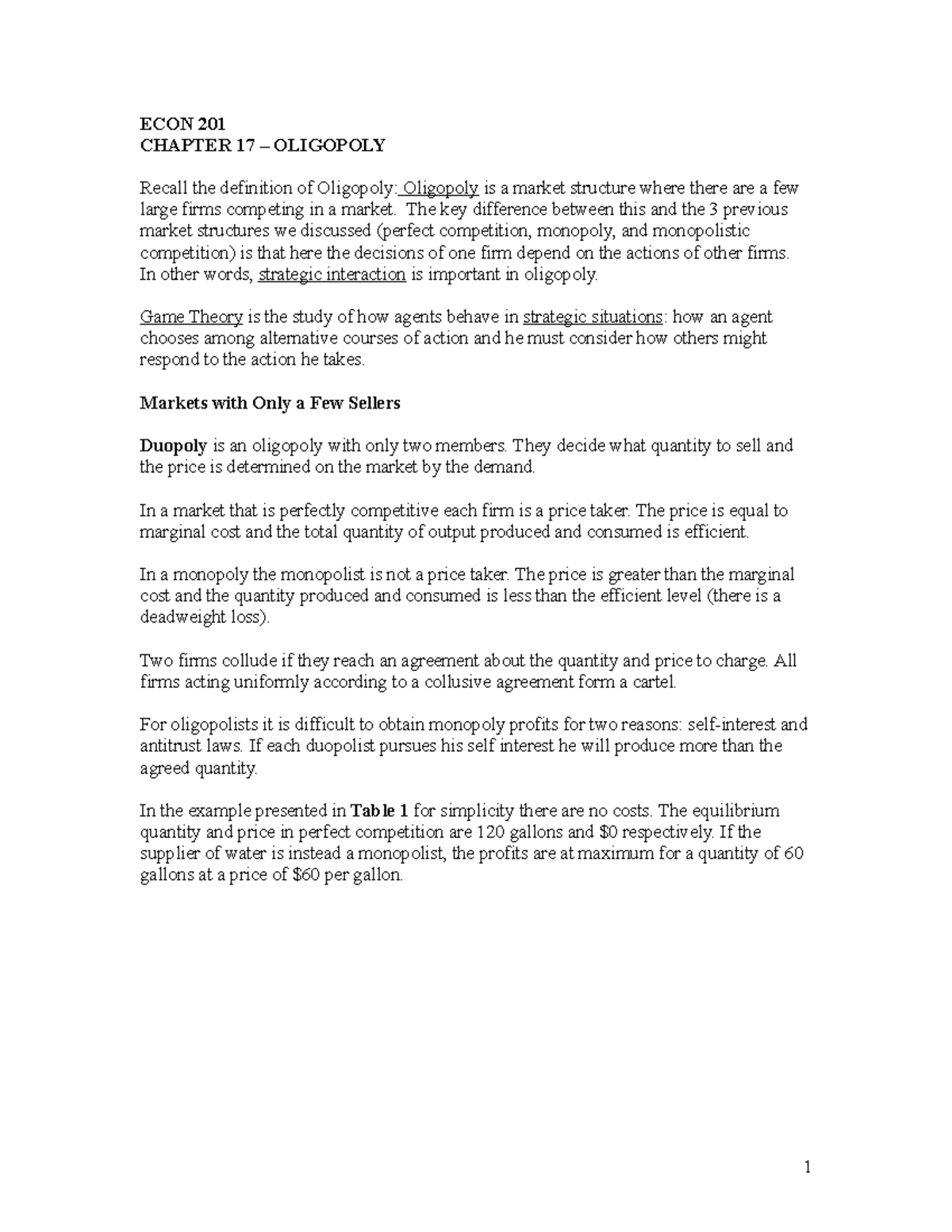 E201 Chap 17 Notes - jkhjkh - ECON 201 CHAPTER 17 – OLIGOPOLY Recall ...