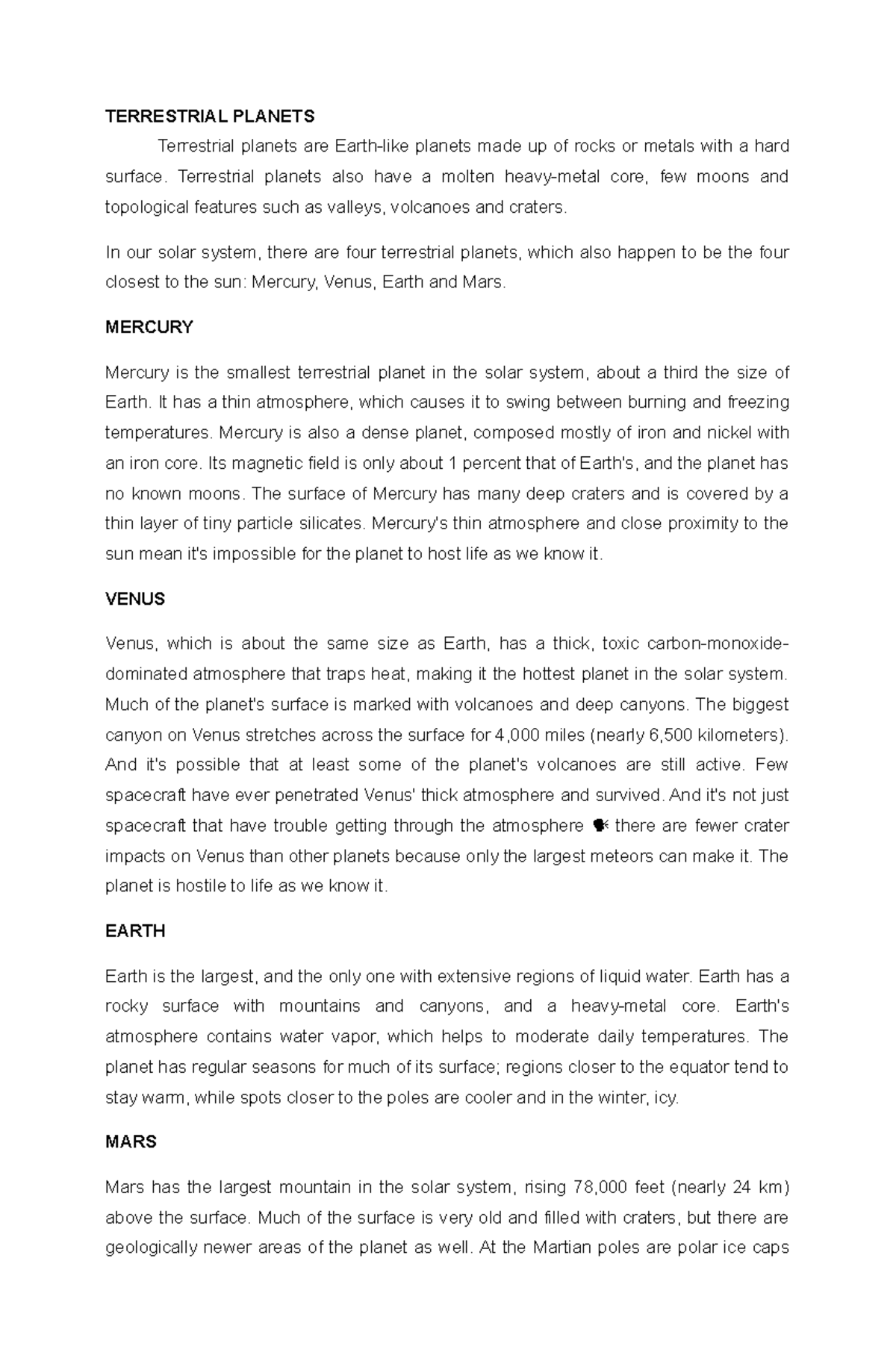 Terrestrial and jovian planets - TERRESTRIAL PLANETS Terrestrial ...