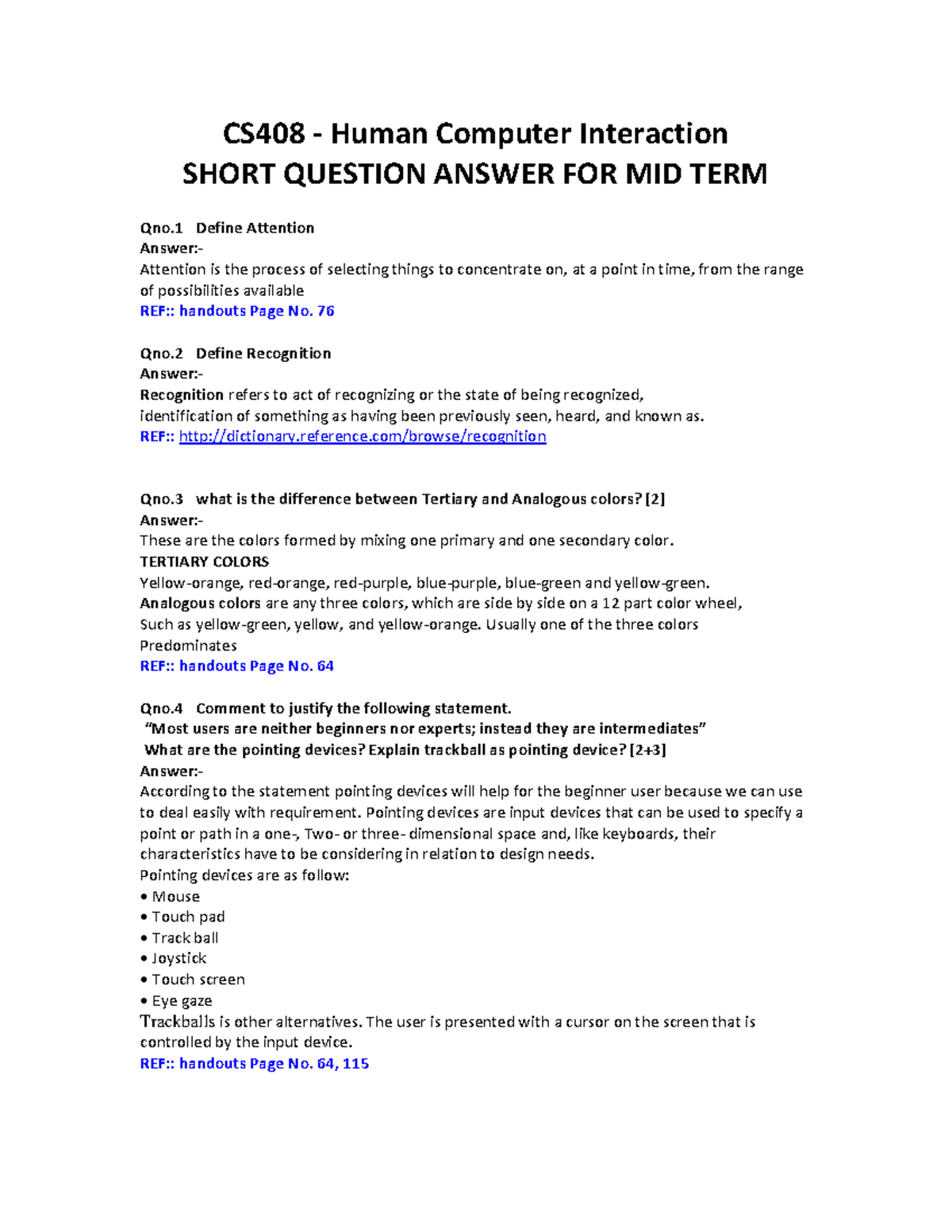 CS408 Midterm Subjective WITH Reference Solved - CS408 - Human Computer Interaction SHORT ...