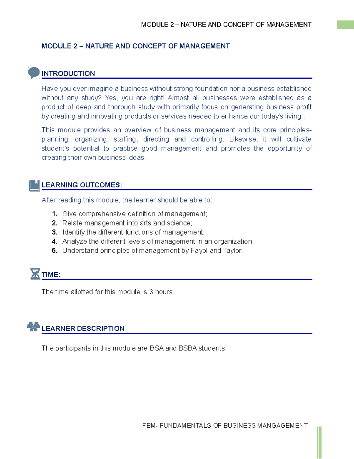 Module 2 Nature and concept of management - MODULE 2 – NATURE AND ...