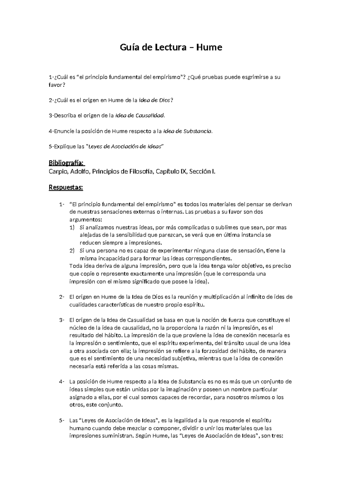 B) Guía de Lectura Hume - Guía de Lectura – Hume 1-¿Cuál es “el ...