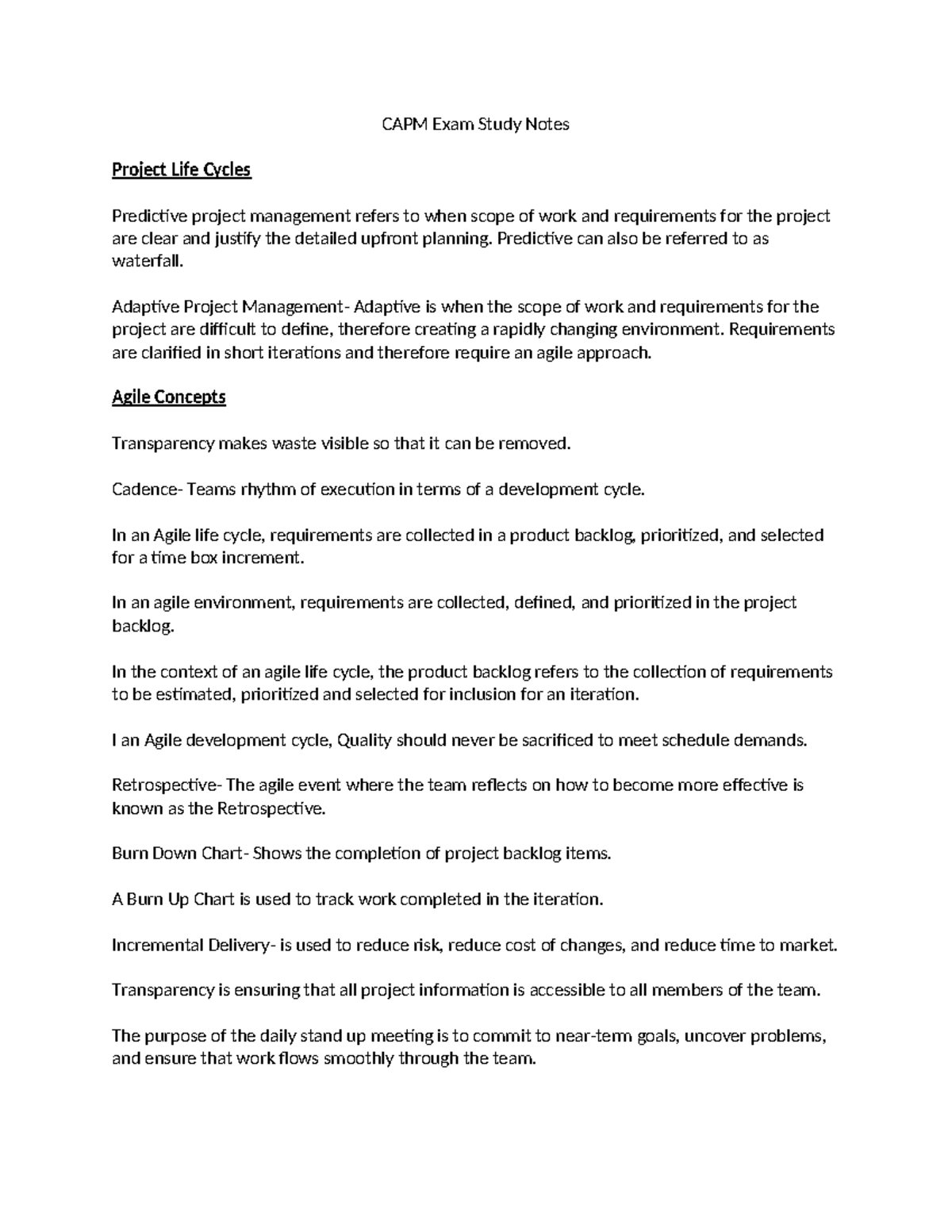 CAPM Exam Study Notes - CAPM Exam Study Notes Project Life Cycles ...