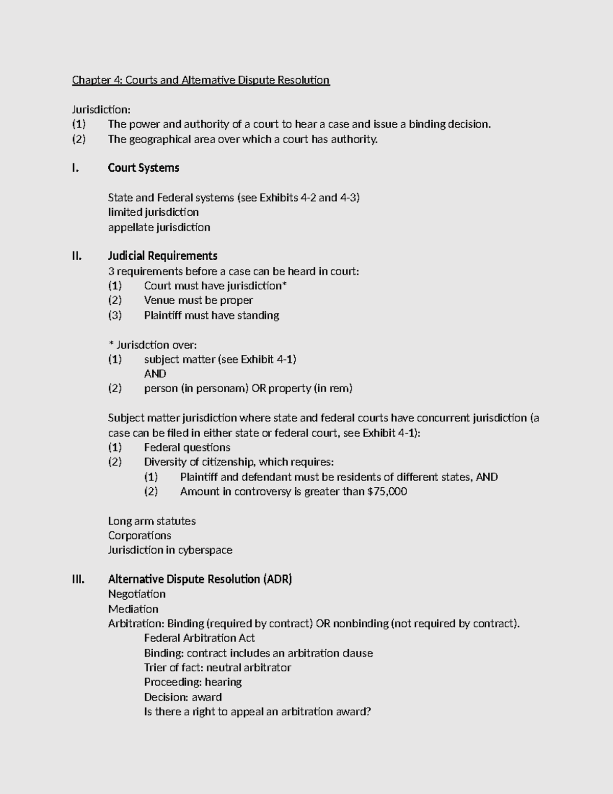 Chapter 4 Outline - just something - Chapter 4: Courts and Alternative Dispute Resolution - Studocu