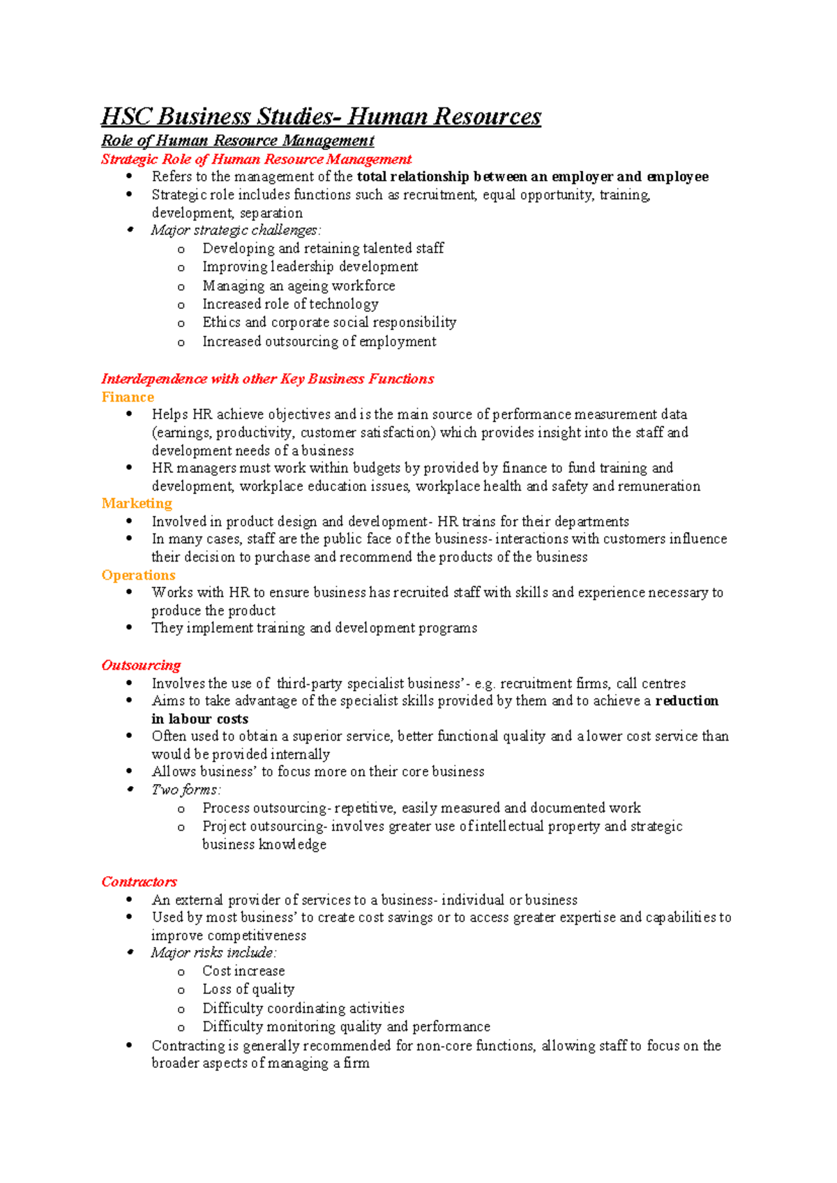 Notes - Human Resources - HSC Business Studies- Human Resources Role of ...