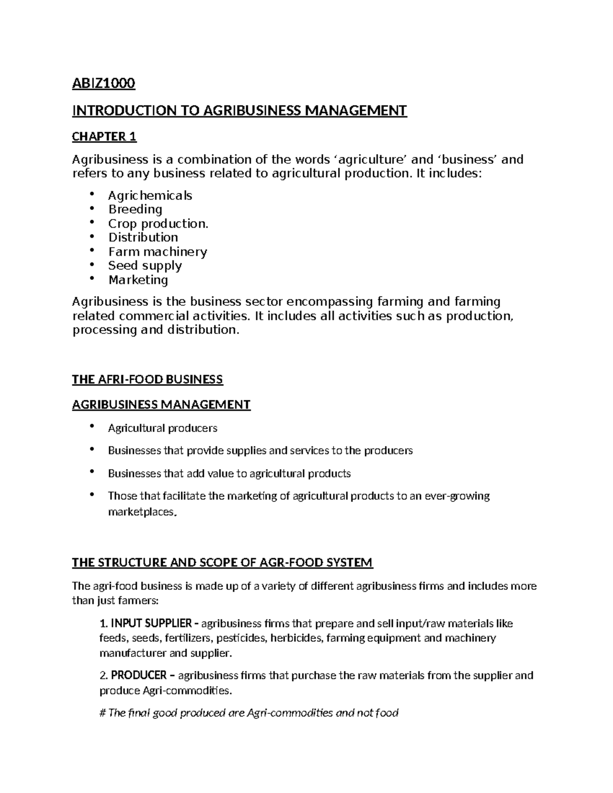 ABIZ1000 - CHAPTER 1 NOTES - ABIZ INTRODUCTION TO AGRIBUSINESS ...