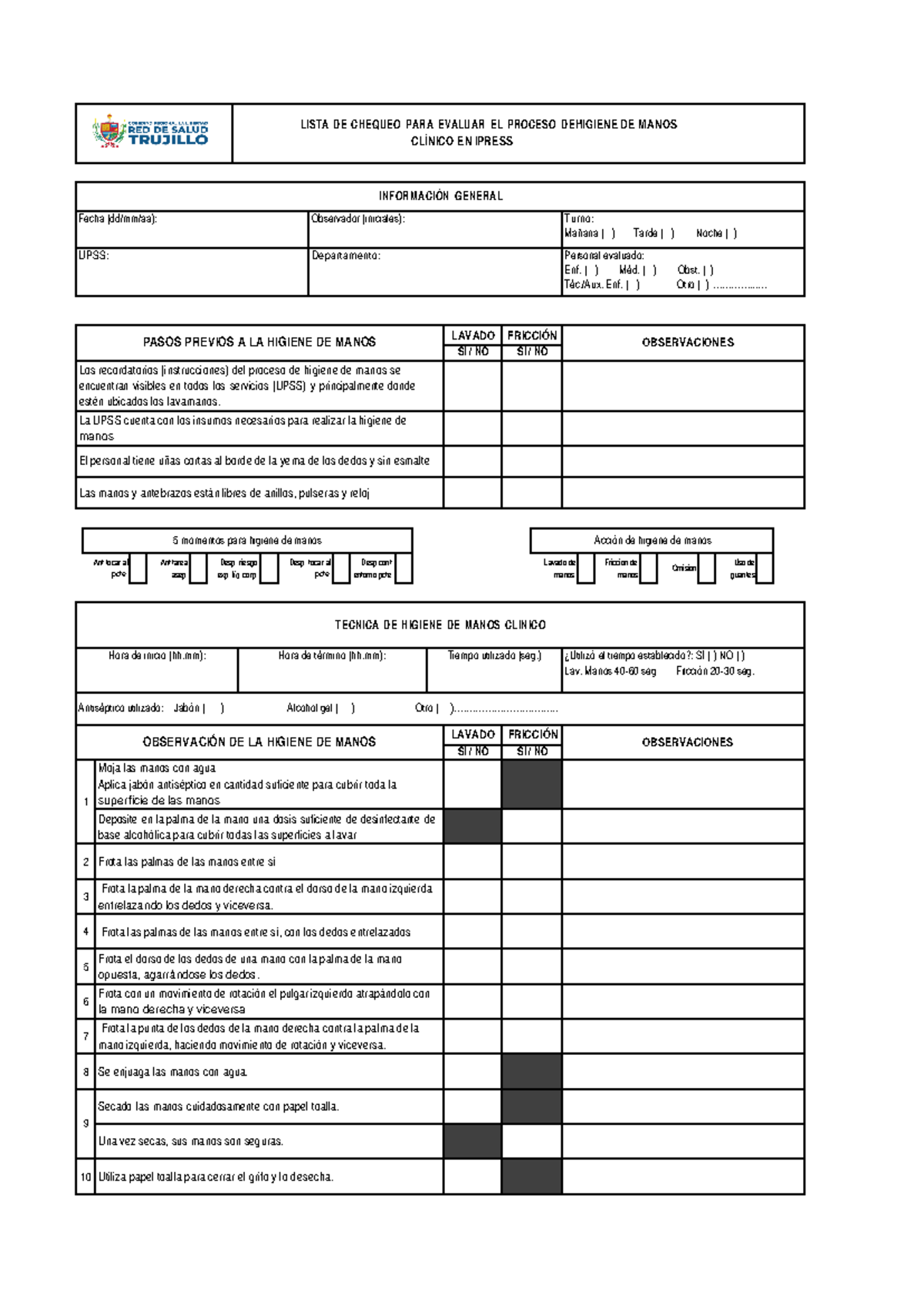 Ficha UTES 6 Higiene DE Manos - LISTA DE CHEQUEO PARA EVALUAR EL ...