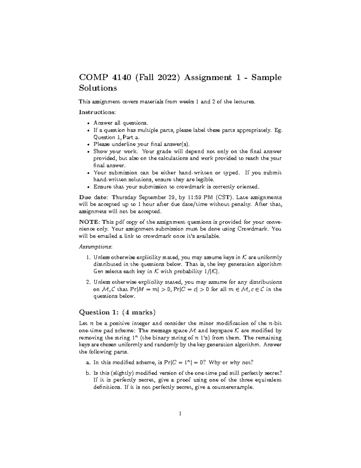 A1-soln - fam 1000. - COMP 4140 (Fall 2022) Assignment 1 - Sample Solutions This assignment ...