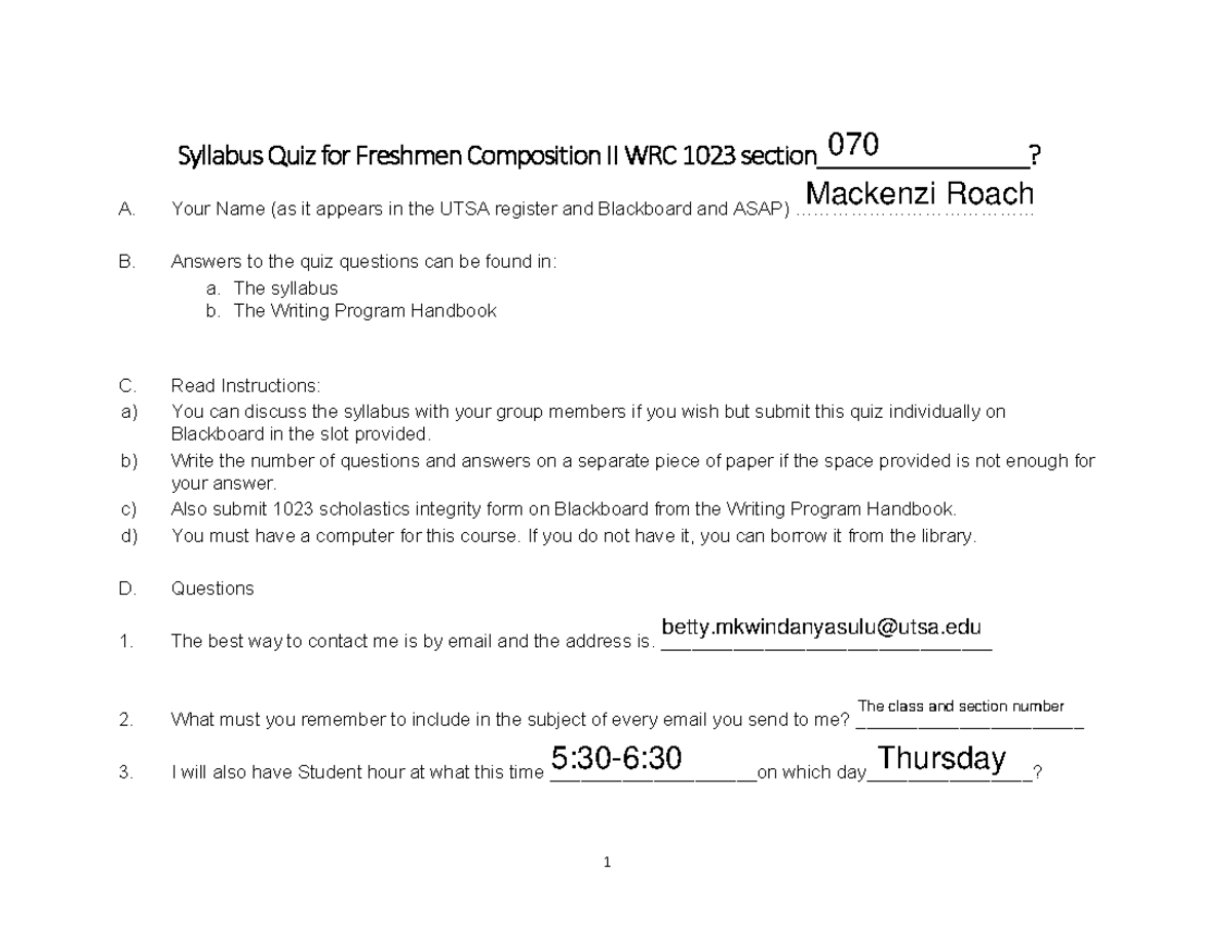 Freshman Composition II Syllabus Quiz - Syllabus Quiz for Freshmen ... Freshman Composition II Syllabus Quiz - Syllabus Quiz for Freshmen ...