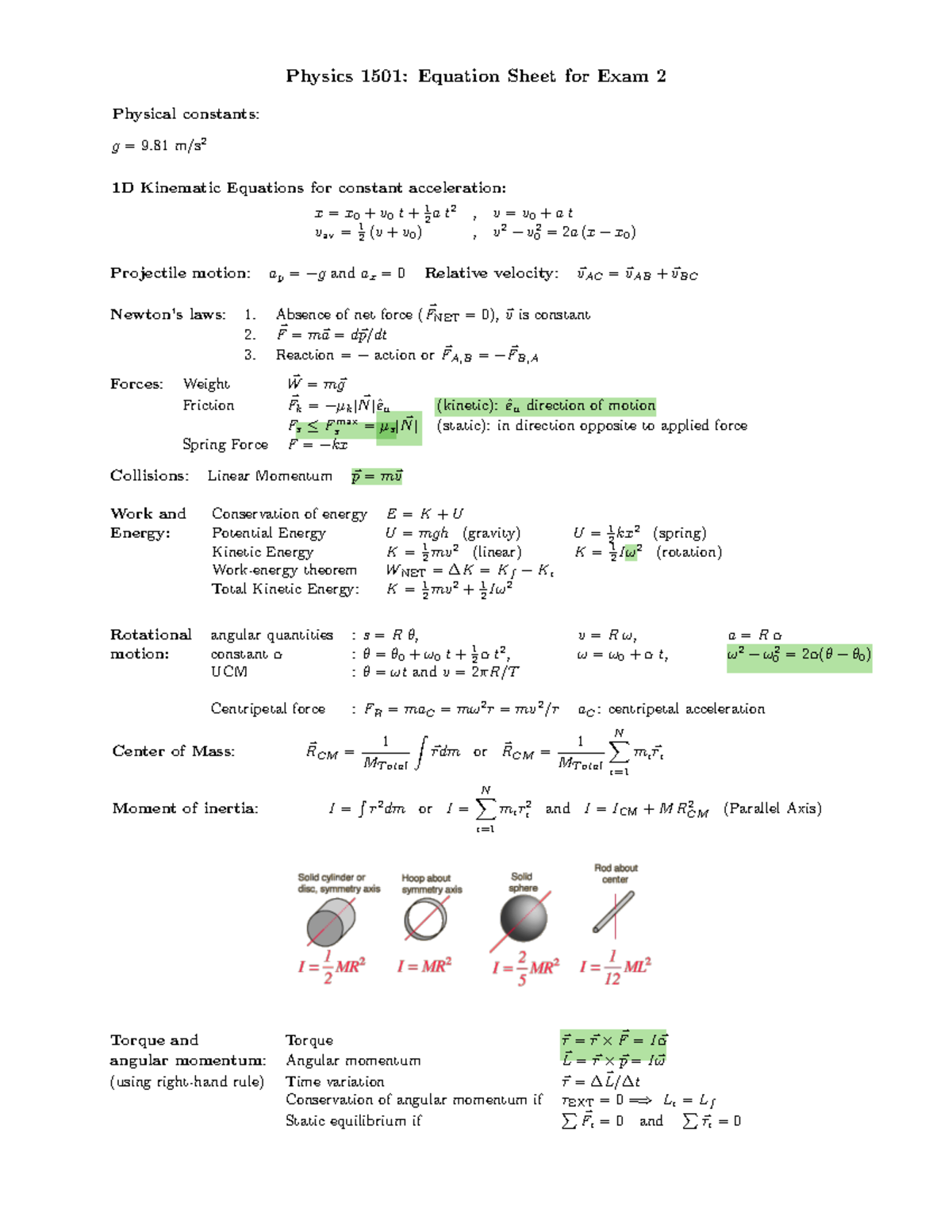 Equation Sheet-Exam#2 (dragged) 1 - Physics 1501: Equation Sheet for ...