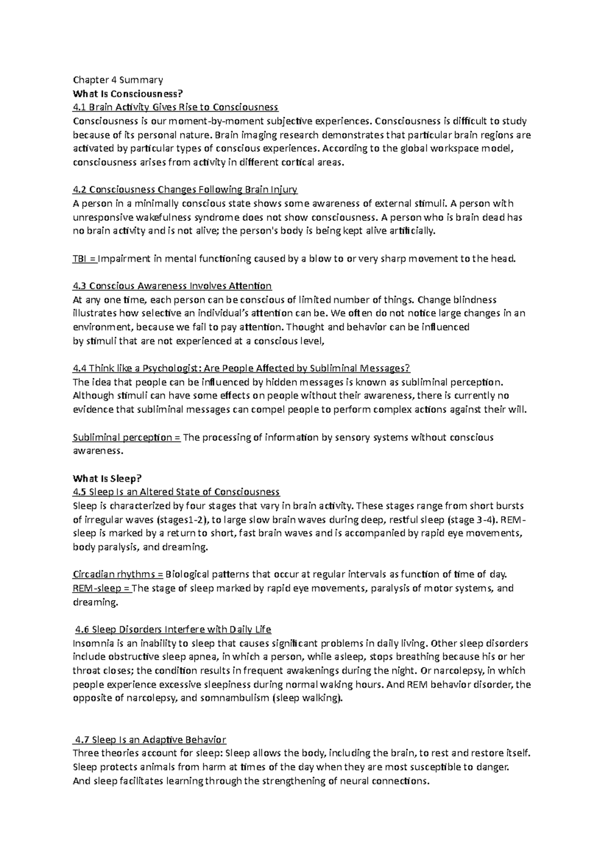 Chapter 4 itp - Chapter 4 Summary What Is Consciousness? 4 Brain ...