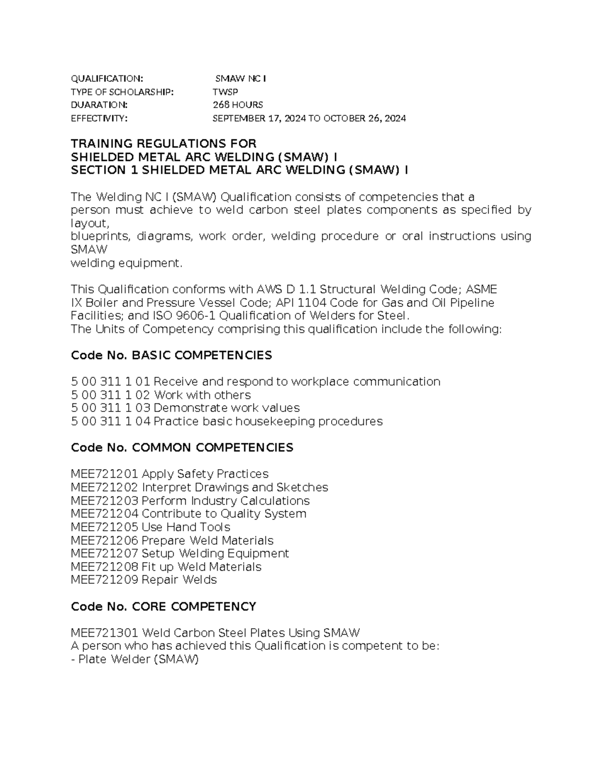 Common- Competencies-module - QUALIFICATION: SMAW NC I TYPE OF ...