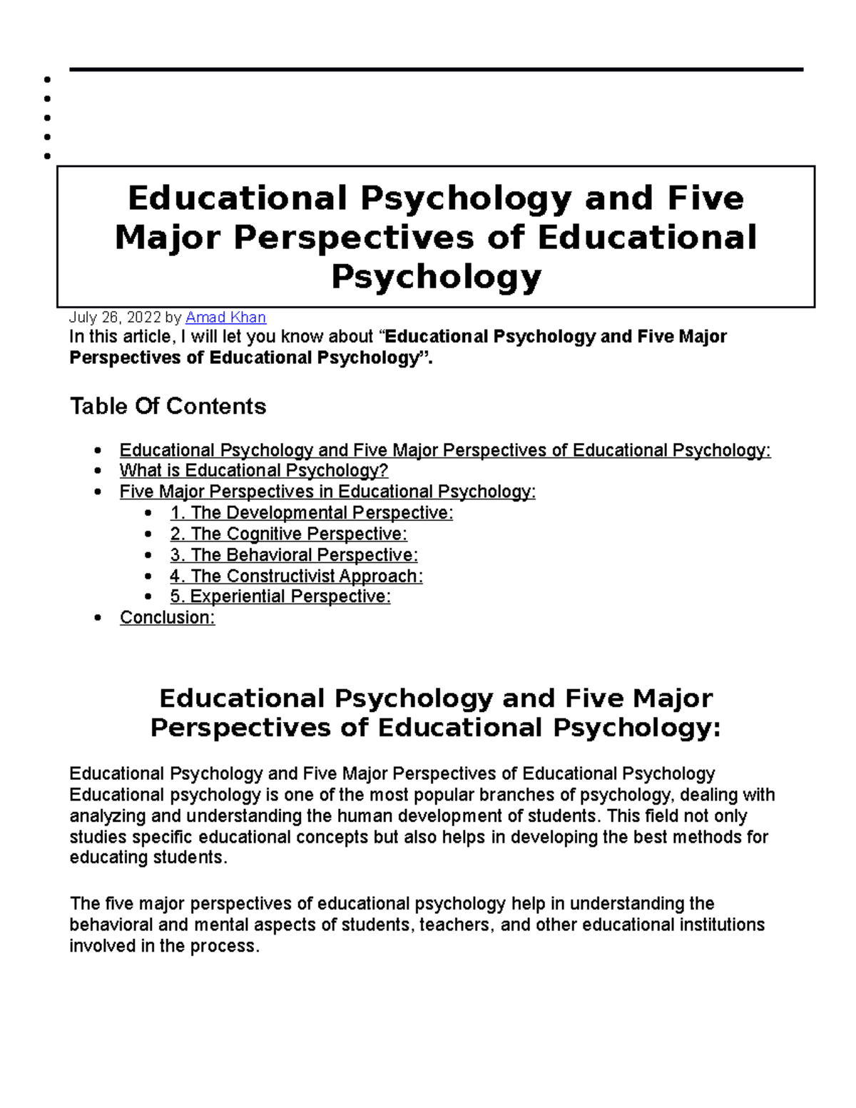 Educational Psychology and Five Major Perspectives of Educational ...