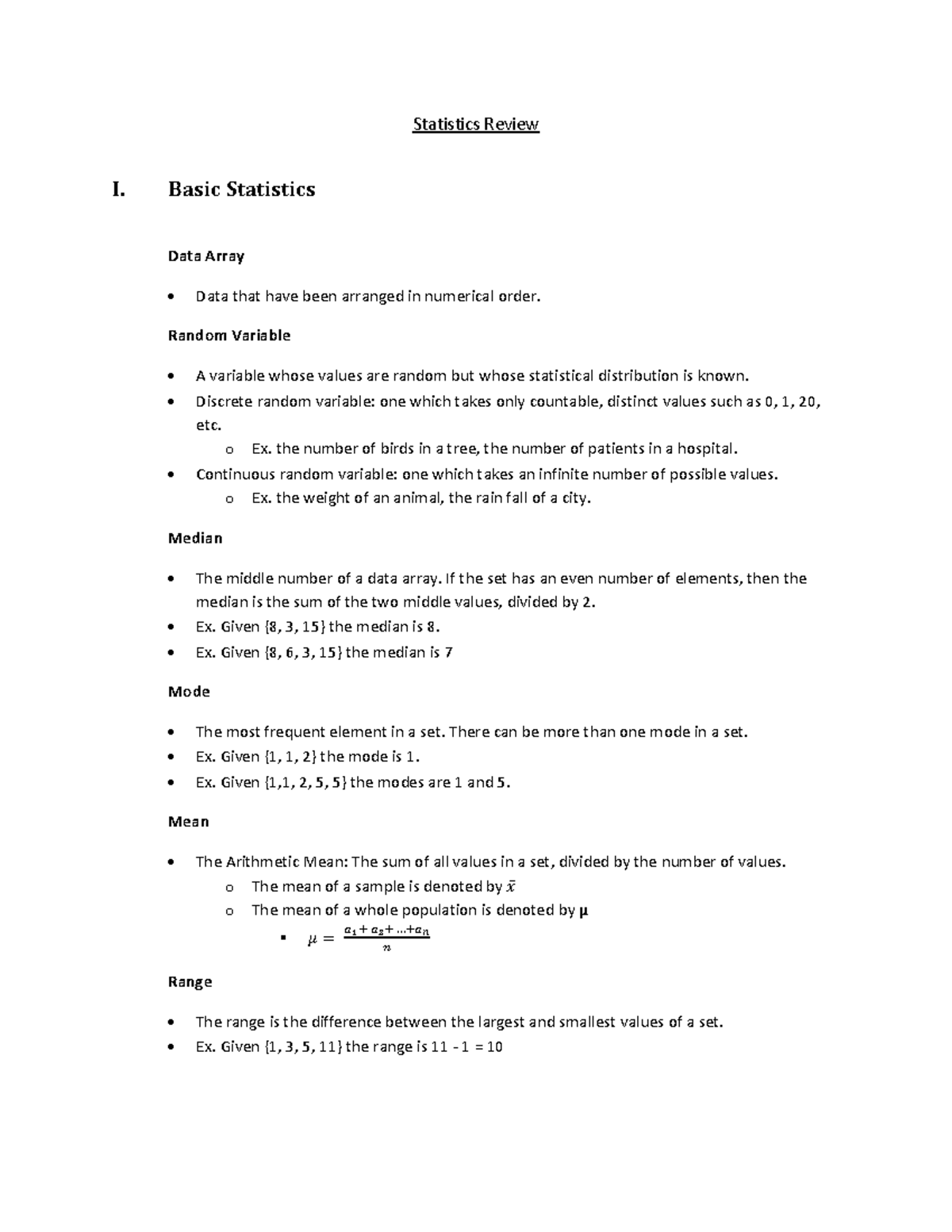 Statistics Review - Basic Statistics Data Array Data that have been ...