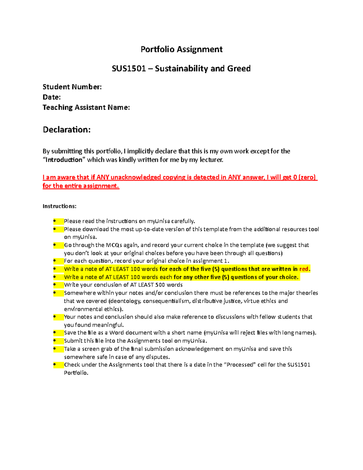 Portfolio Template 2022 - Portfolio Assignment SUS1501 – Sustainability ...