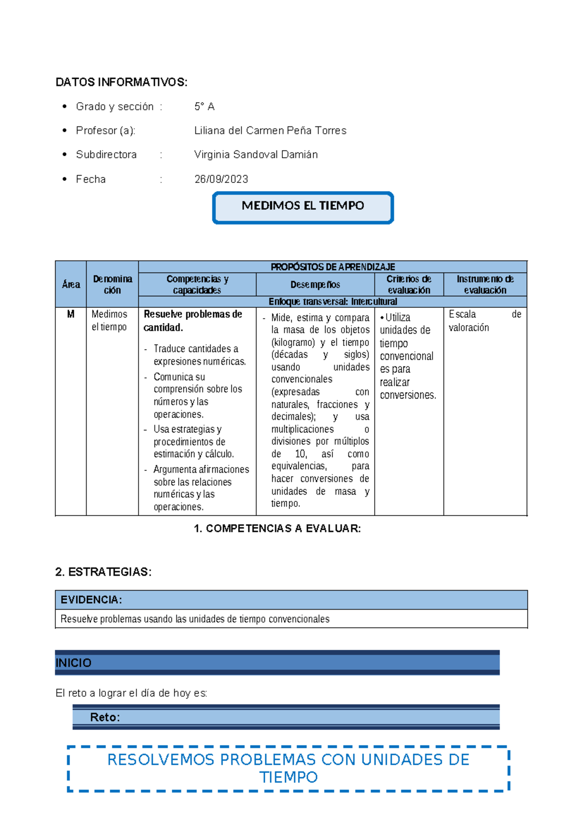 Medimos EL Tiempo 26 - DATOS INFORMATIVOS: ####### Grado y sección : 5 ...