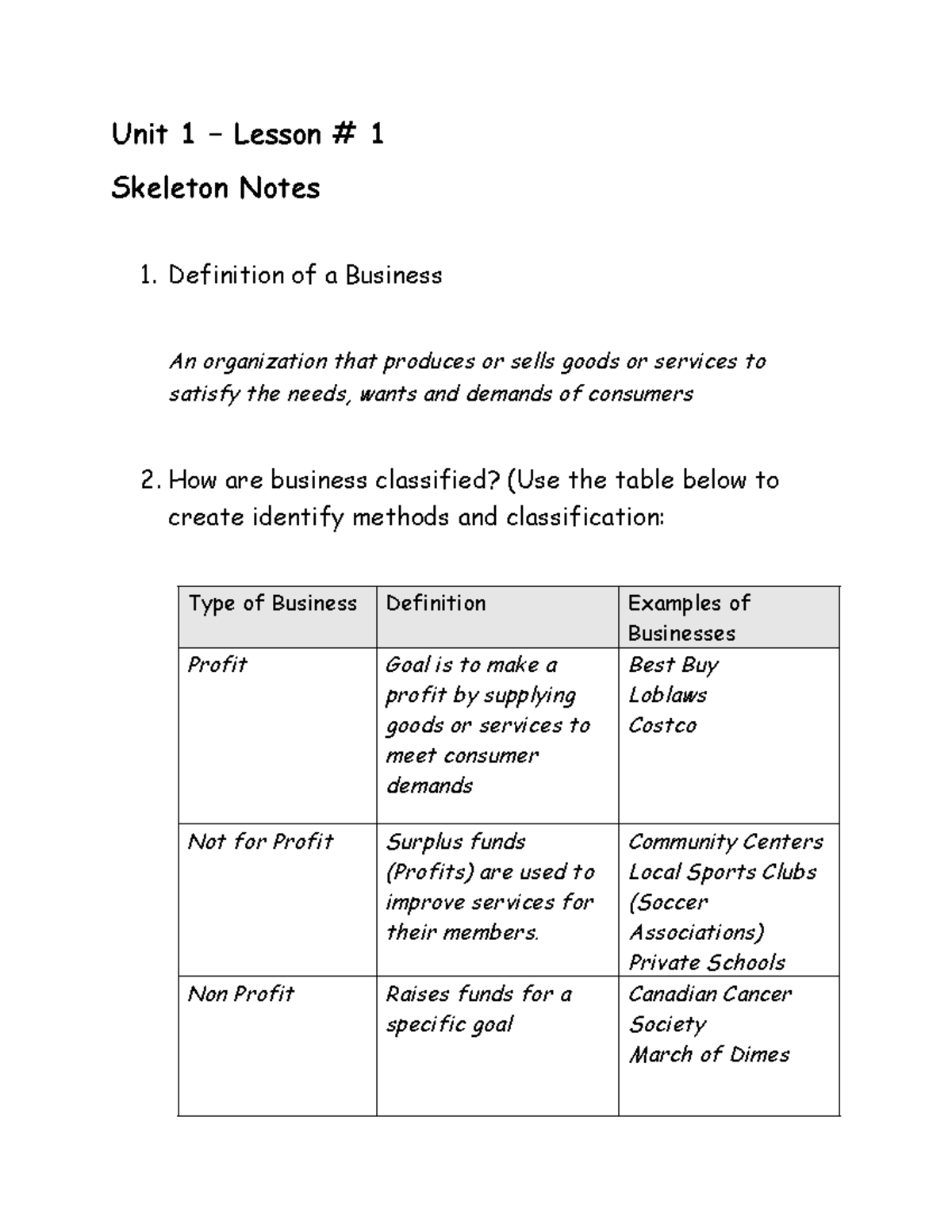 Lesson 1 - Skeleton Notes - Unit 1 – Lesson # 1 Skeleton Notes 1 ...