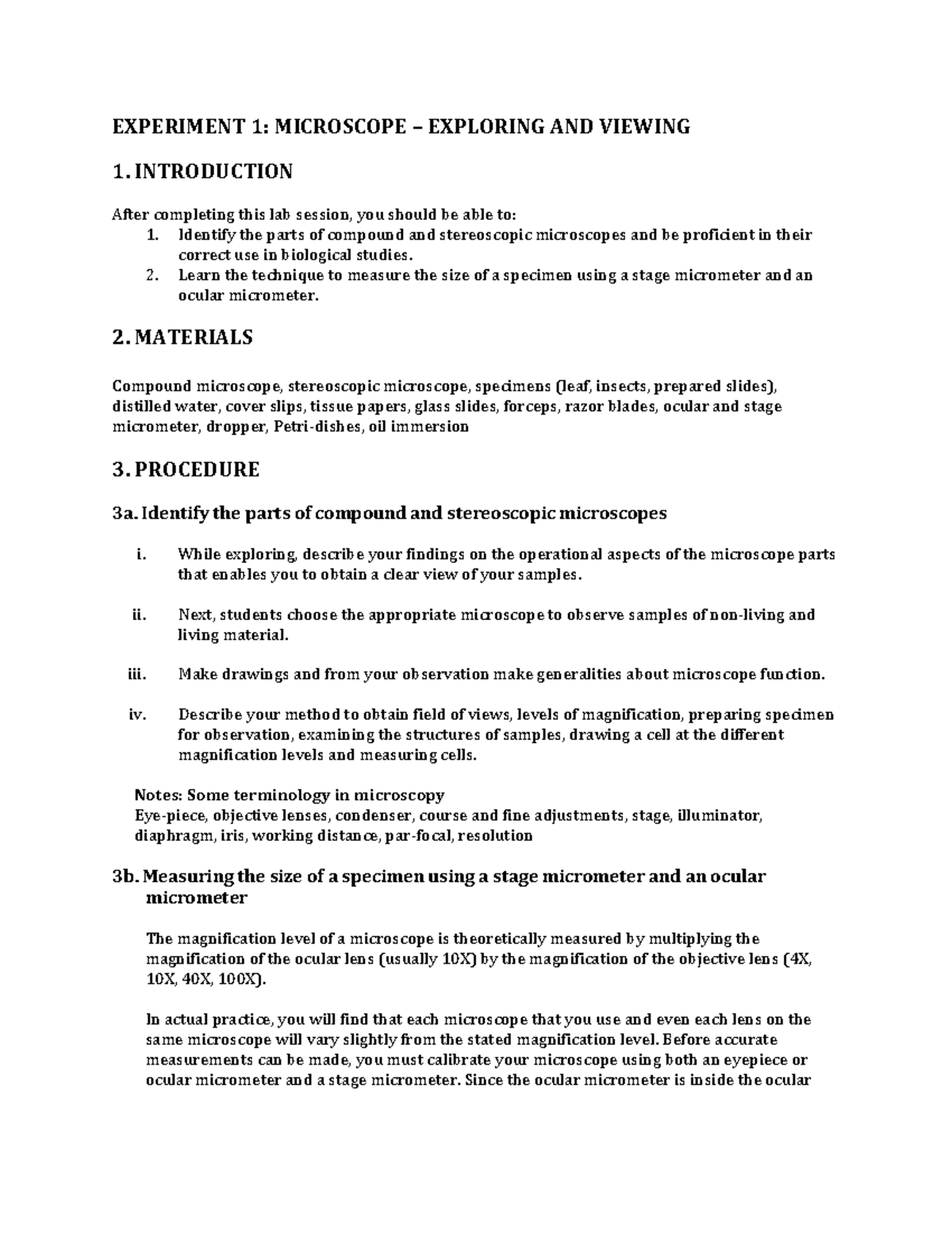 Experiment 1 Mac-Aug22 - EXPERIMENT 1: MICROSCOPE – EXPLORING AND ...