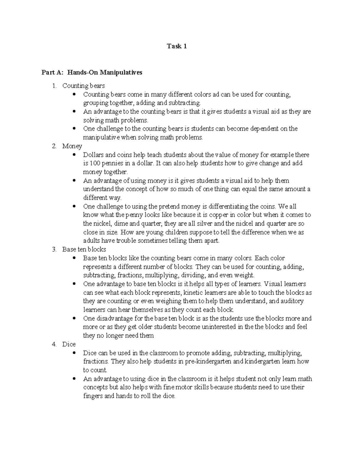 C381 math methods - Task 1 Part A: Hands-On Manipulatives 1. Counting bears Counting bears come ...