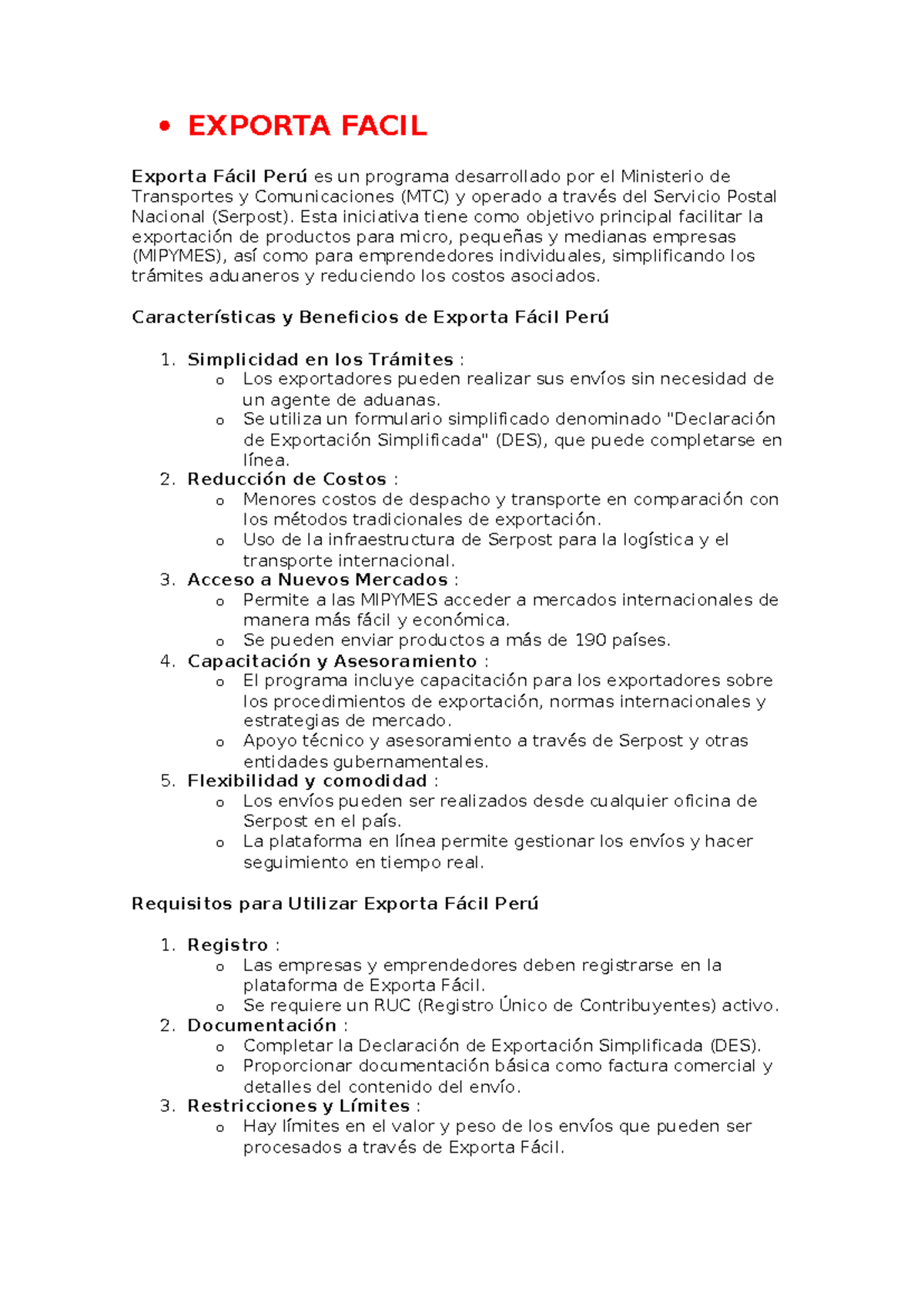 Exporta facil - EXPORTA FACIL Exporta Fácil Perú es un programa ...