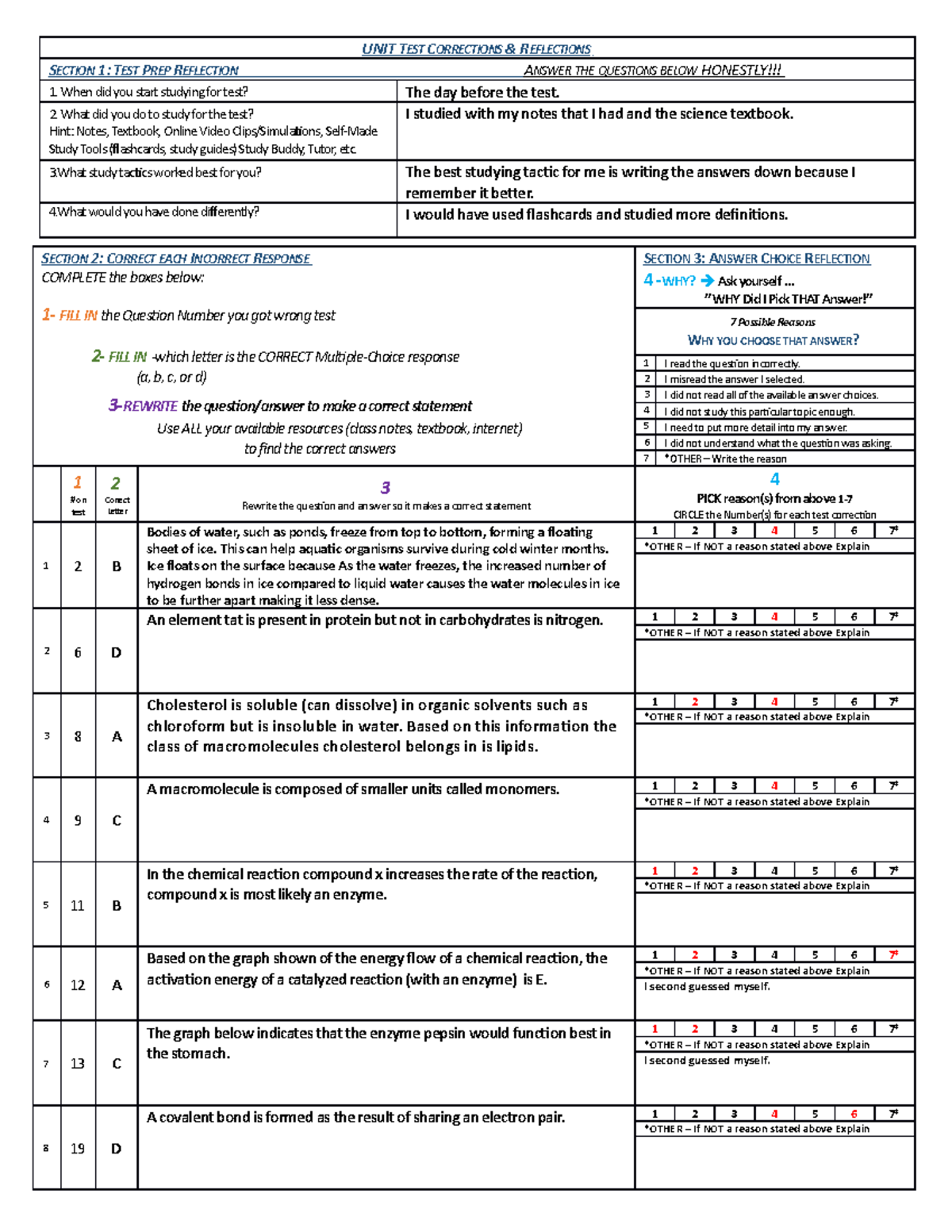 Test Corrections for UNIT questions for a test with all of the ...