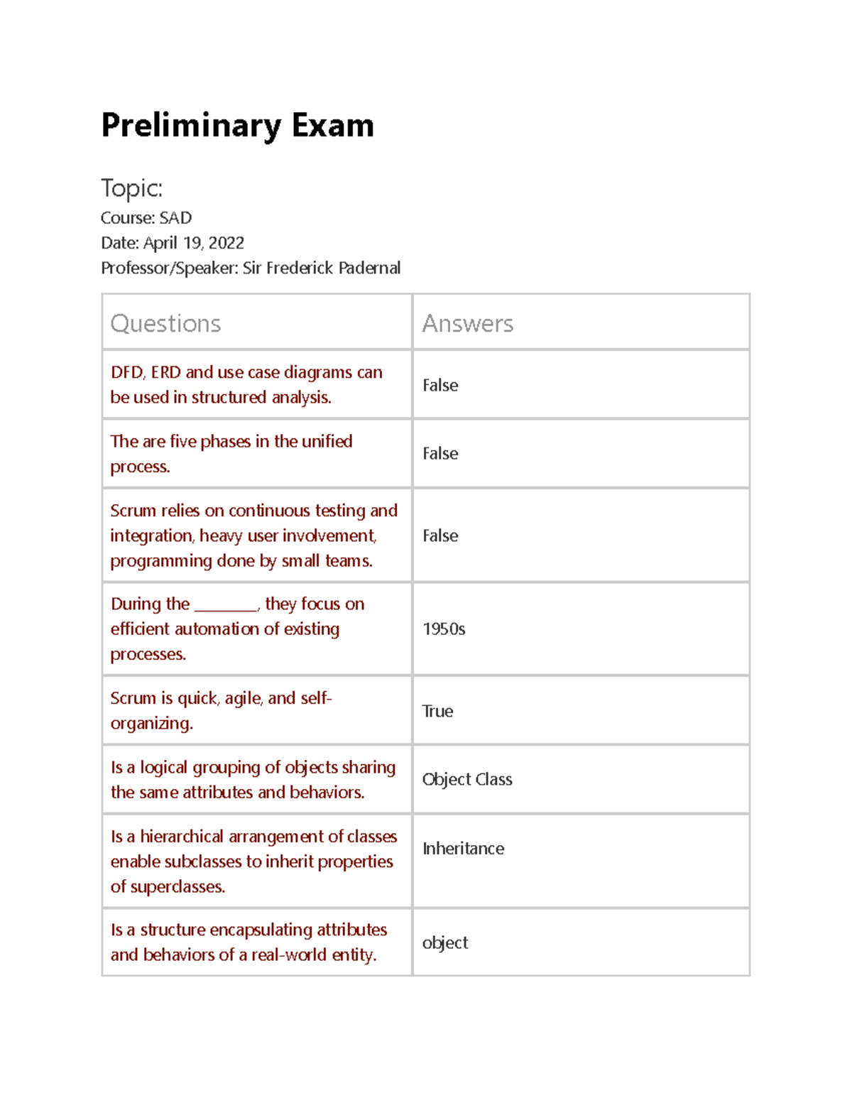 Preliminary Exam - Examination on SAD - Preliminary Exam Topic: Course ...