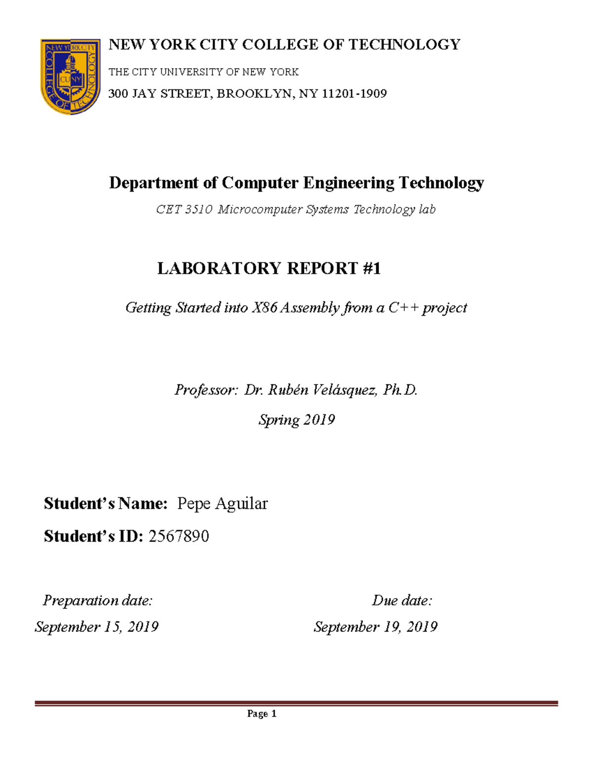 Lab 1 Upload PDF - Lab Report #1 CET 3510 - NEW YORK CITY COLLEGE OF ...