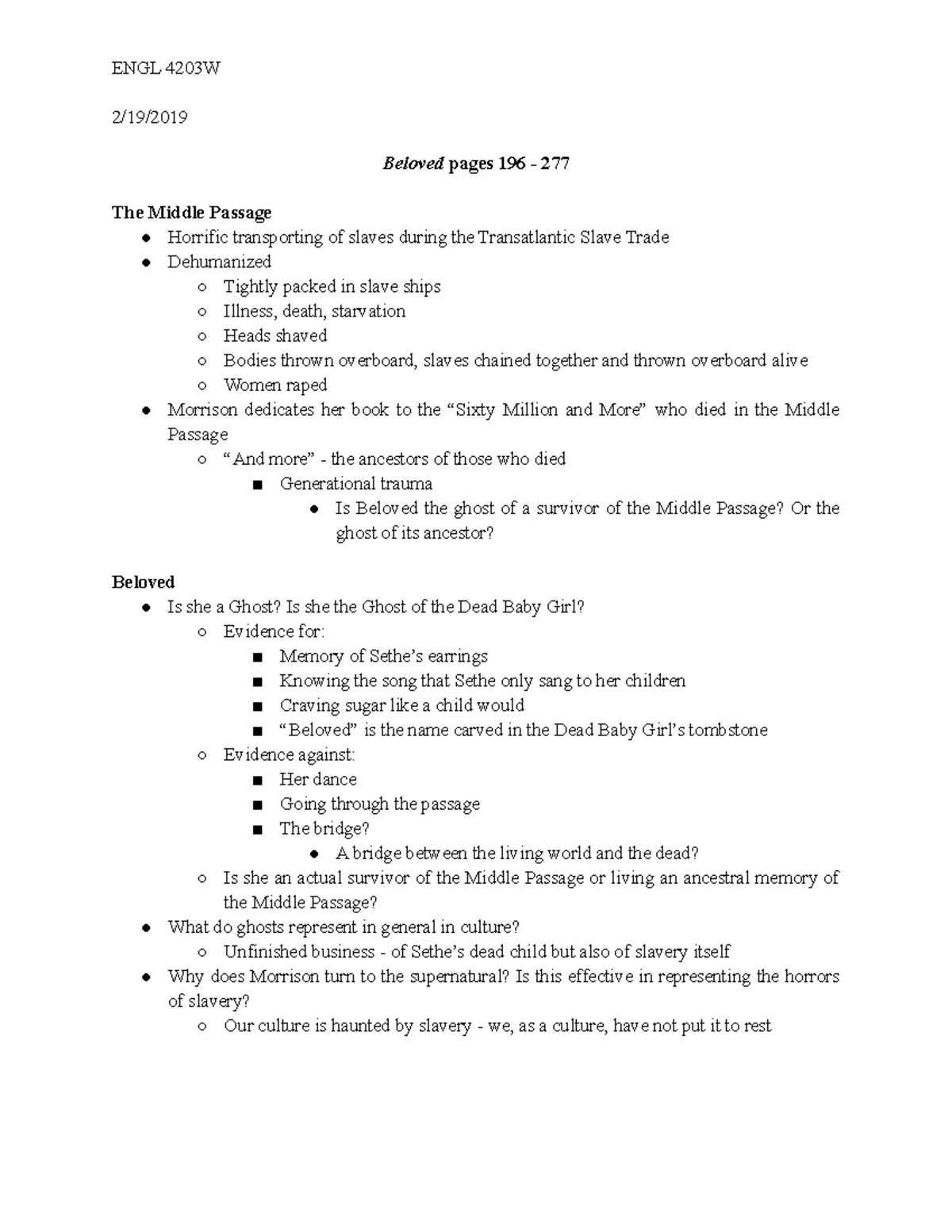 Beloved, Toni Morrison Notes II - ENGL 4203W 2/19/ Beloved pages 196 ...