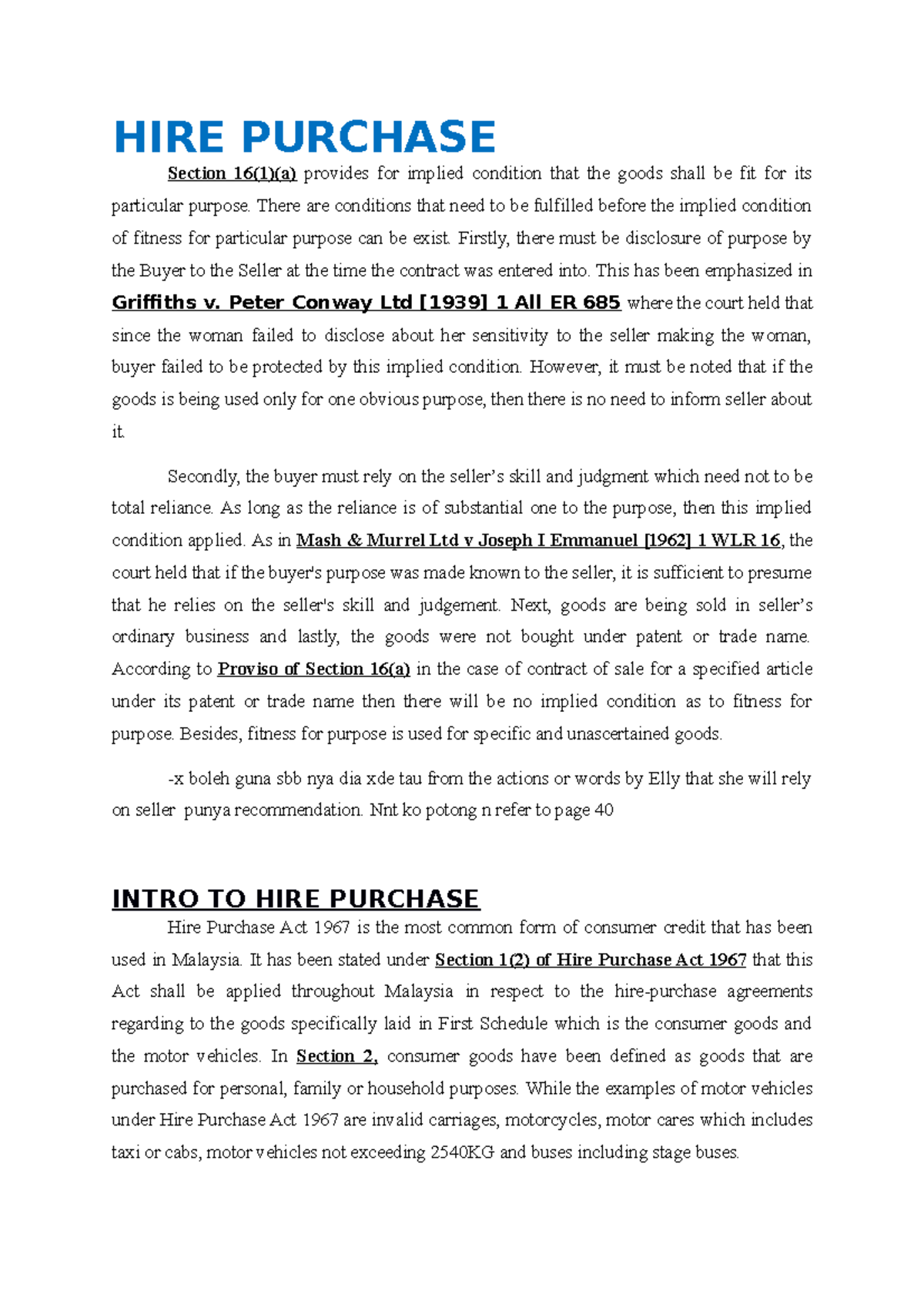 HIRE Purchase final notes - HIRE PURCHASE Section 16(1)(a) provides for ...
