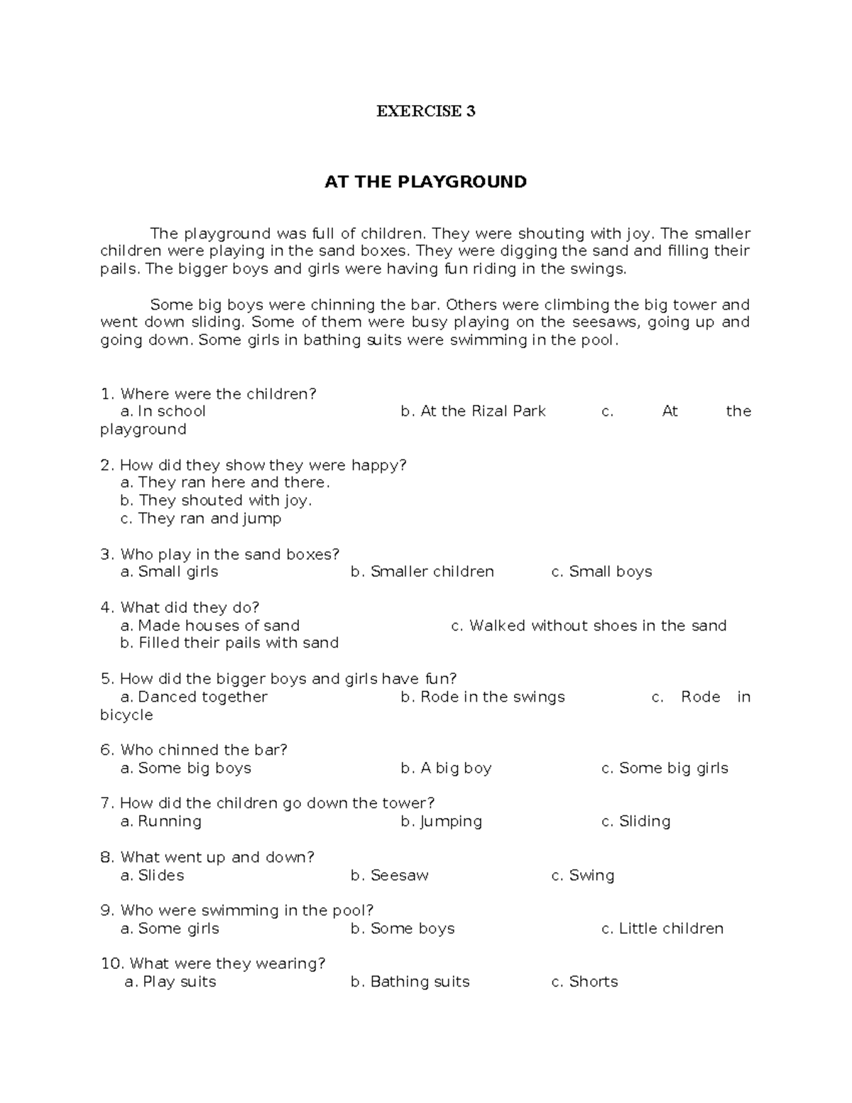 Exercise-3-OF-10 - reading exercise - EXERCISE 3 AT THE PLAYGROUND The ...