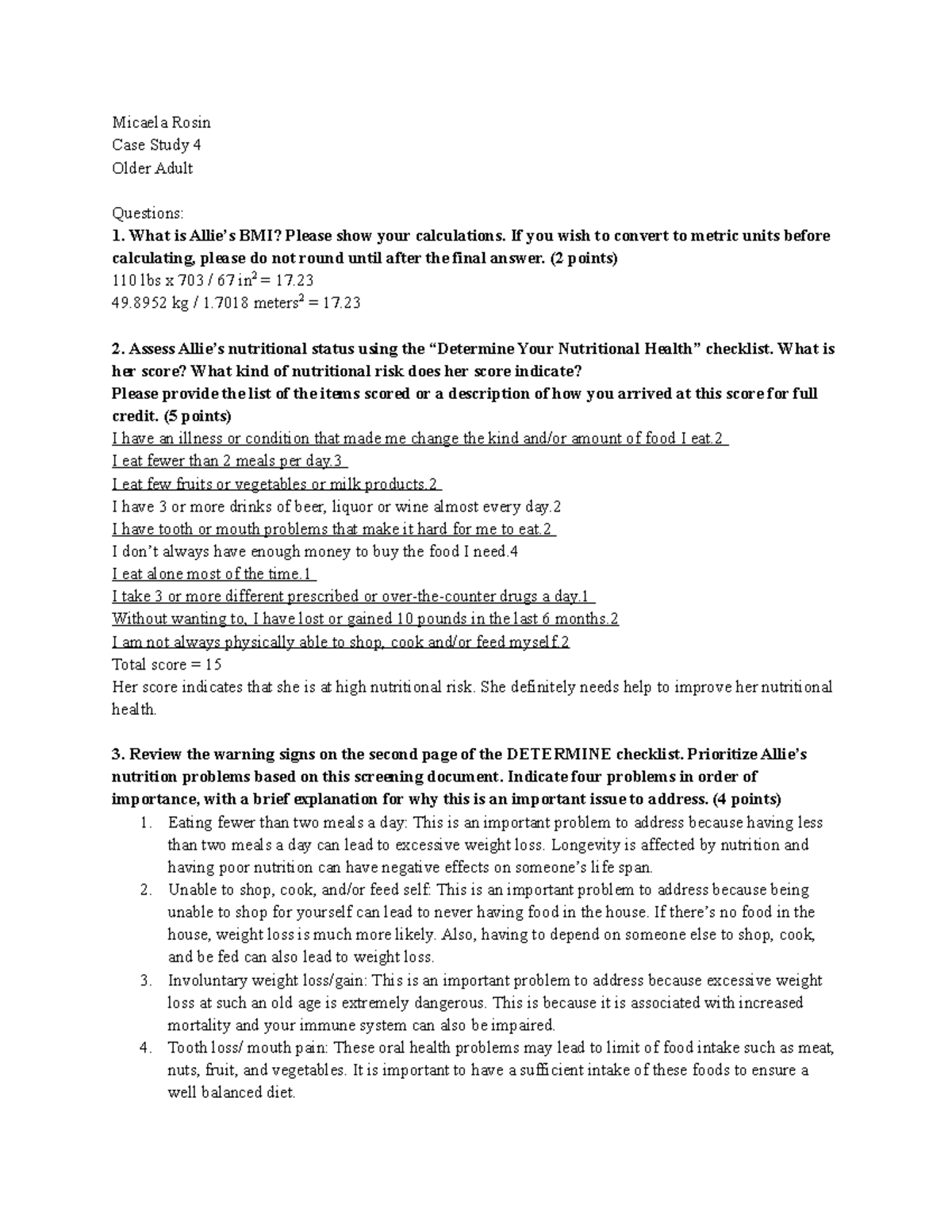 Case Study Four - Micaela Rosin Case Study 4 Older Adult Questions: 1 ...