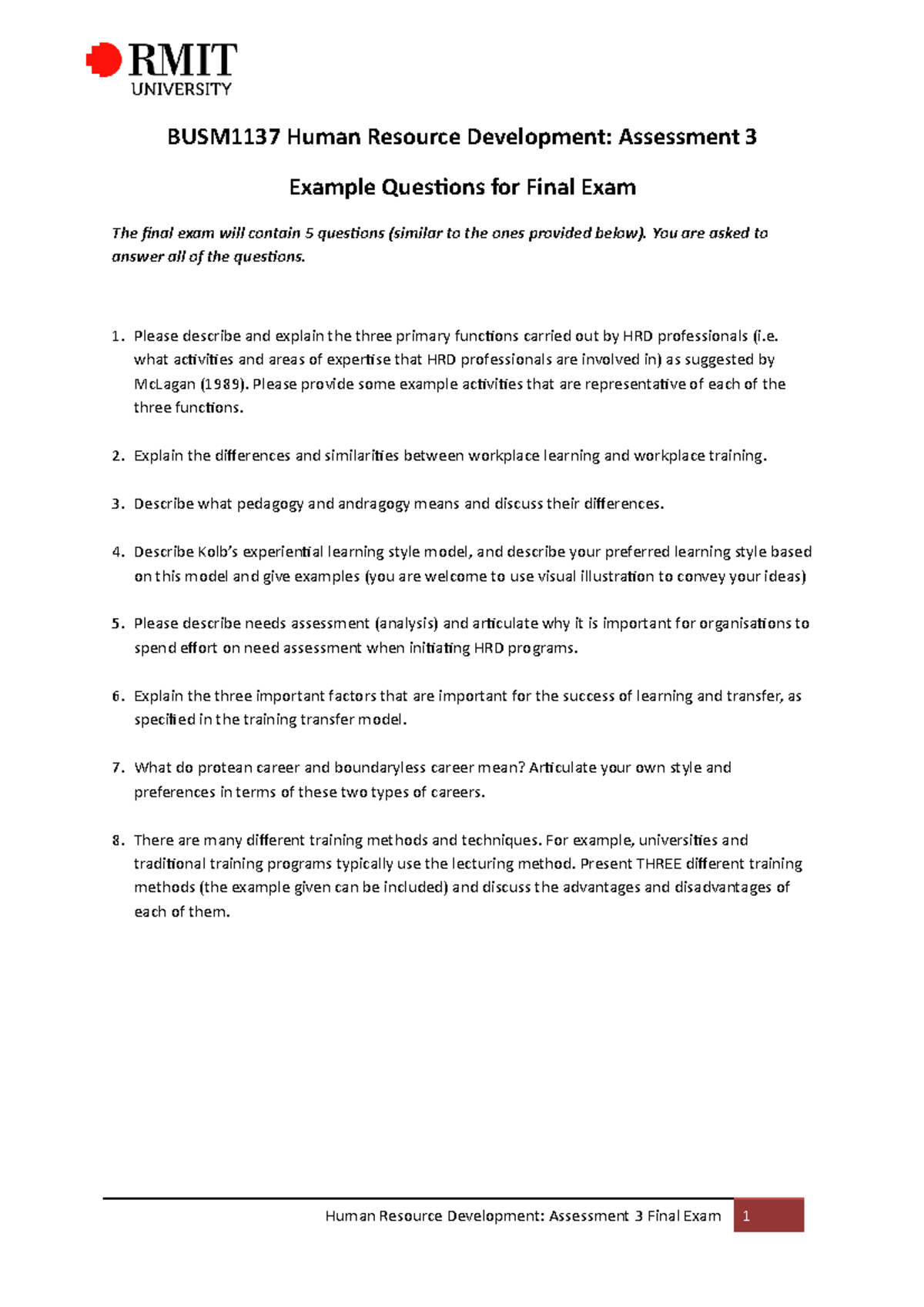 Example questions for final exam BUSM1137 - BUSM1137 Human Resource ...