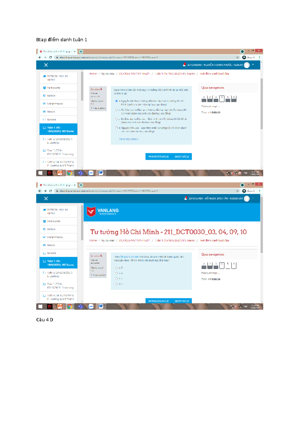 Tthcm-Elearning-2 - vlu - Btap đi m danh tuầần 1ể Cầu 4 D Cầu3 B Cầu1 D ...