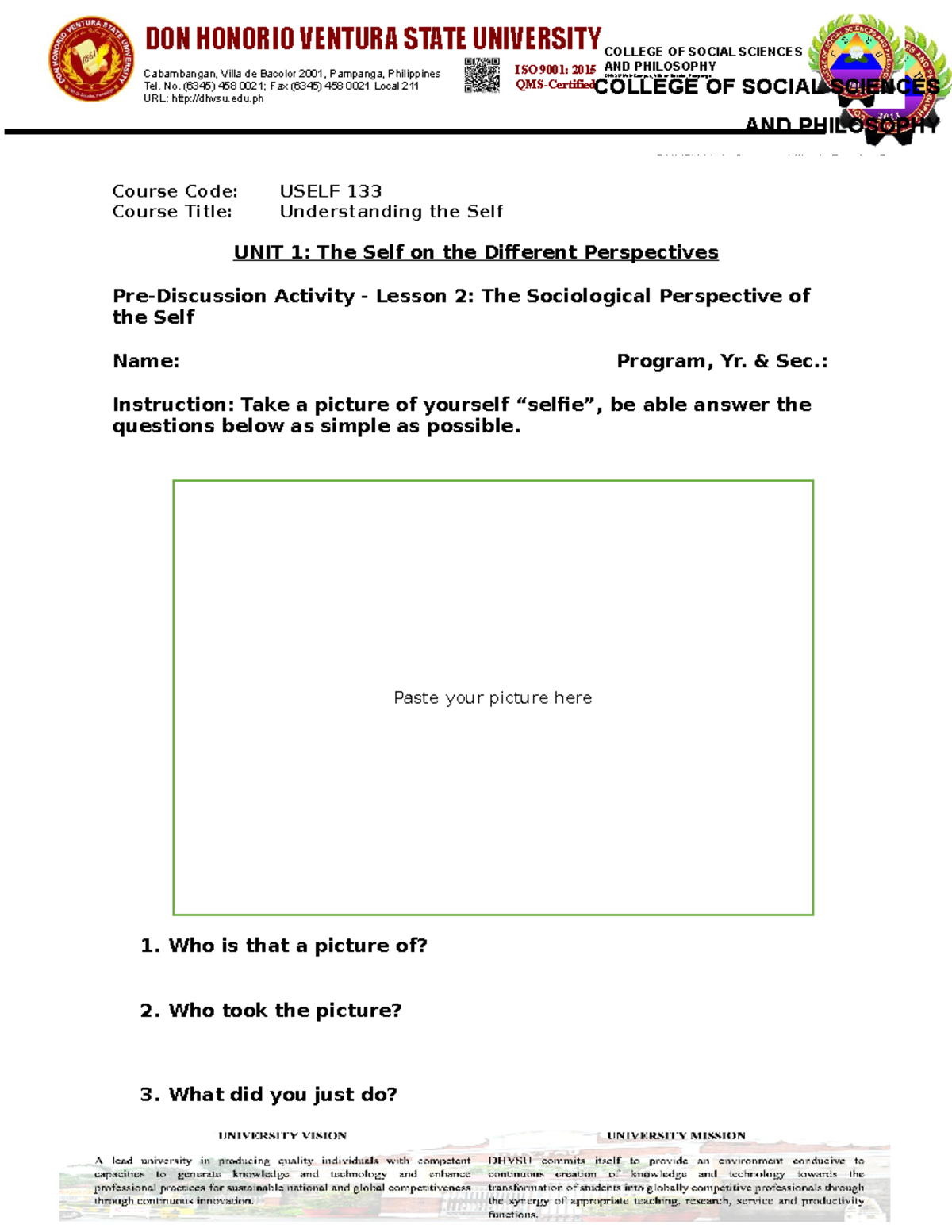 Lesson 2 Pre discussion Activity - Course Code: USELF 133Course Title ...
