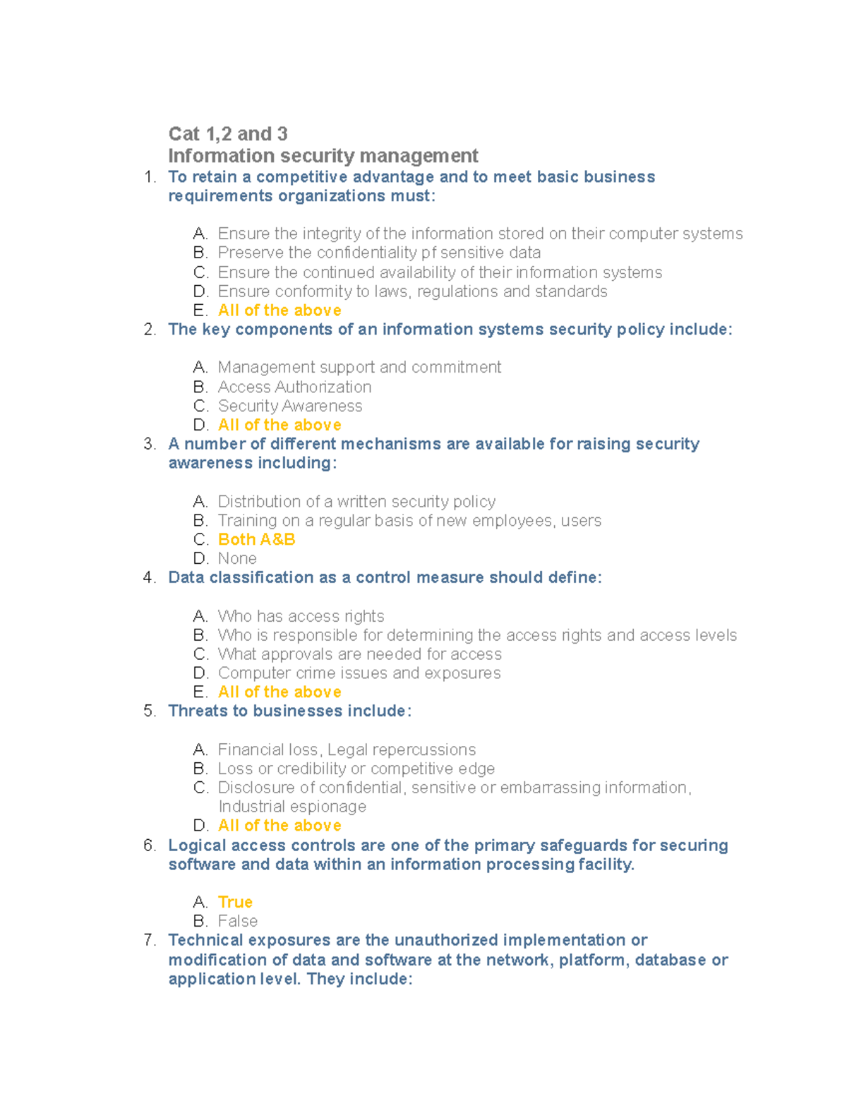 ISM CAT - WANT ANSWERS - Cat 1,2 and 3 Information security management ...
