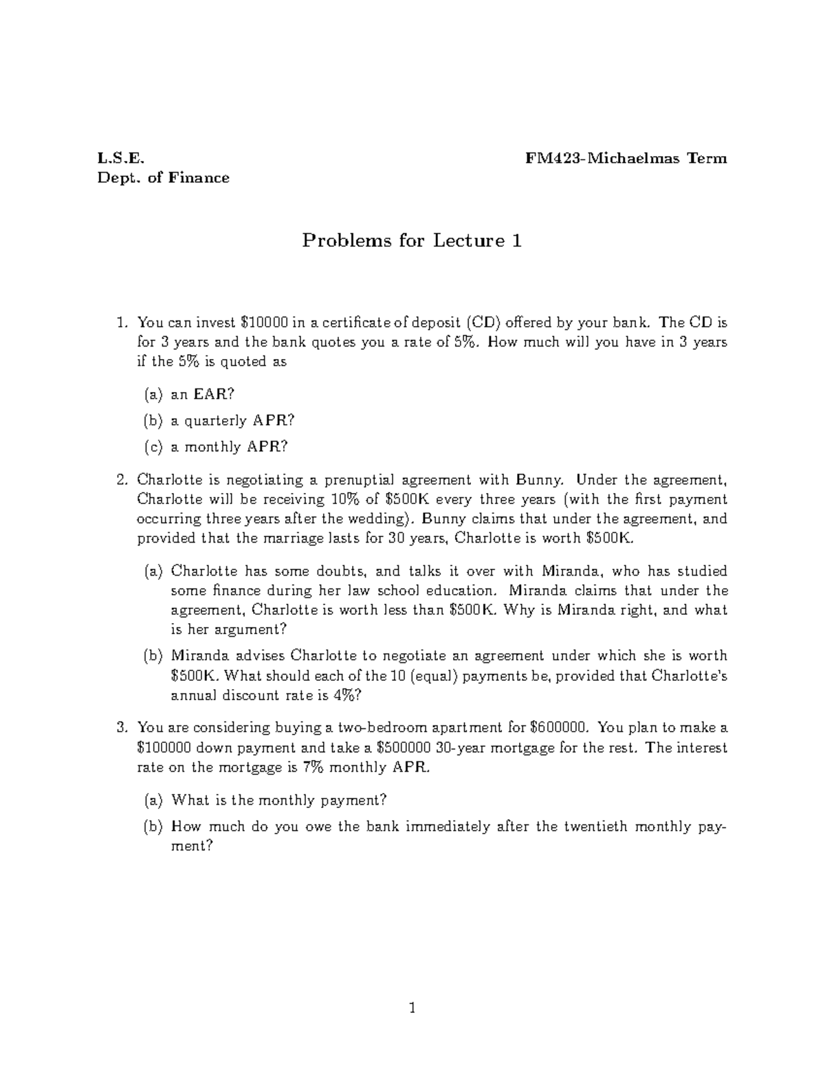 HW1 - Homework 1 of Asset market - L.S. FM423-Michaelmas Term Dept. of ...