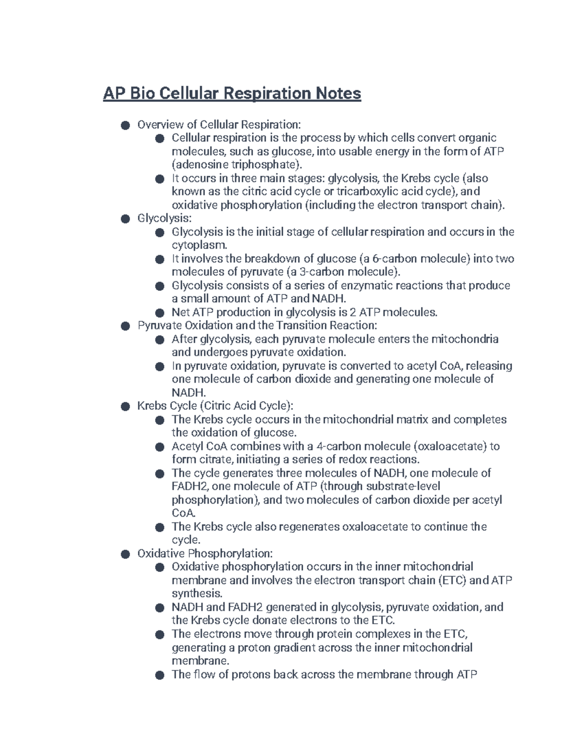 AP Bio Cellular Respiration Notes - It occurs in three main stages ...