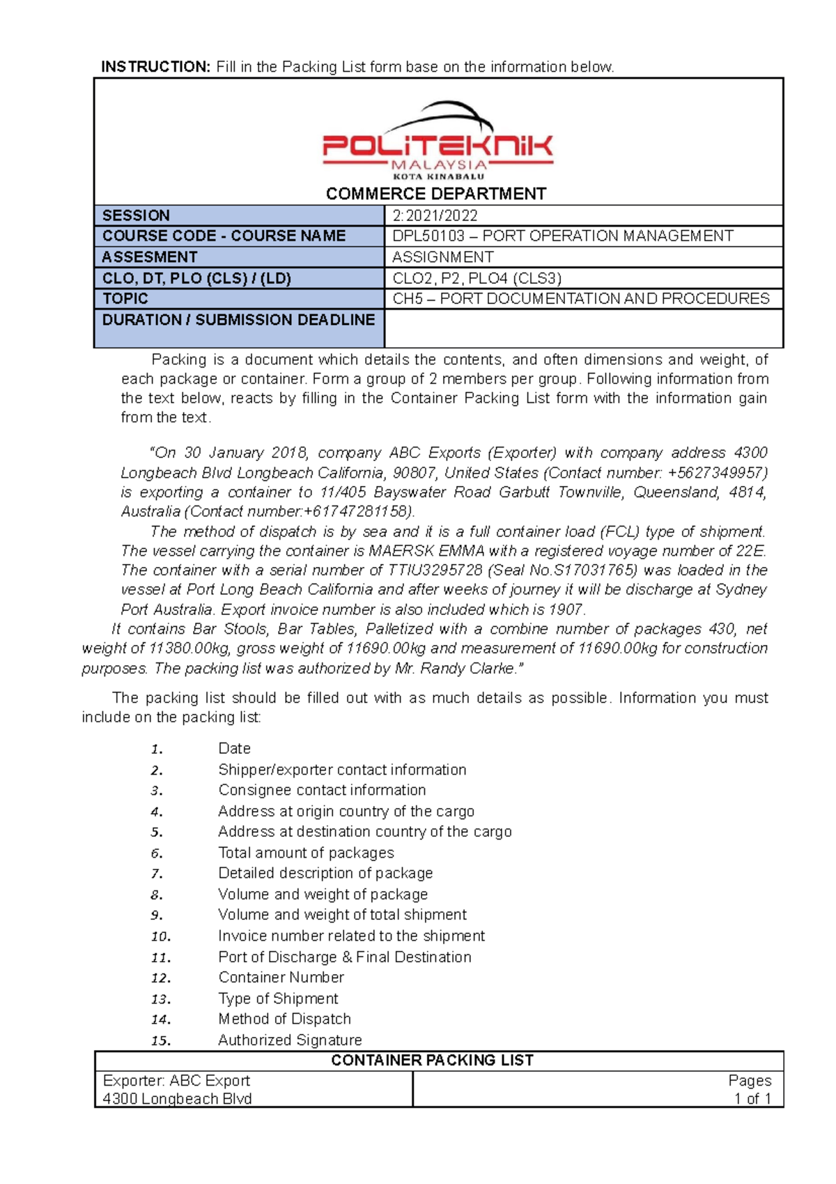 Assignment PORT Operation - INSTRUCTION: Fill in the Packing List form ...