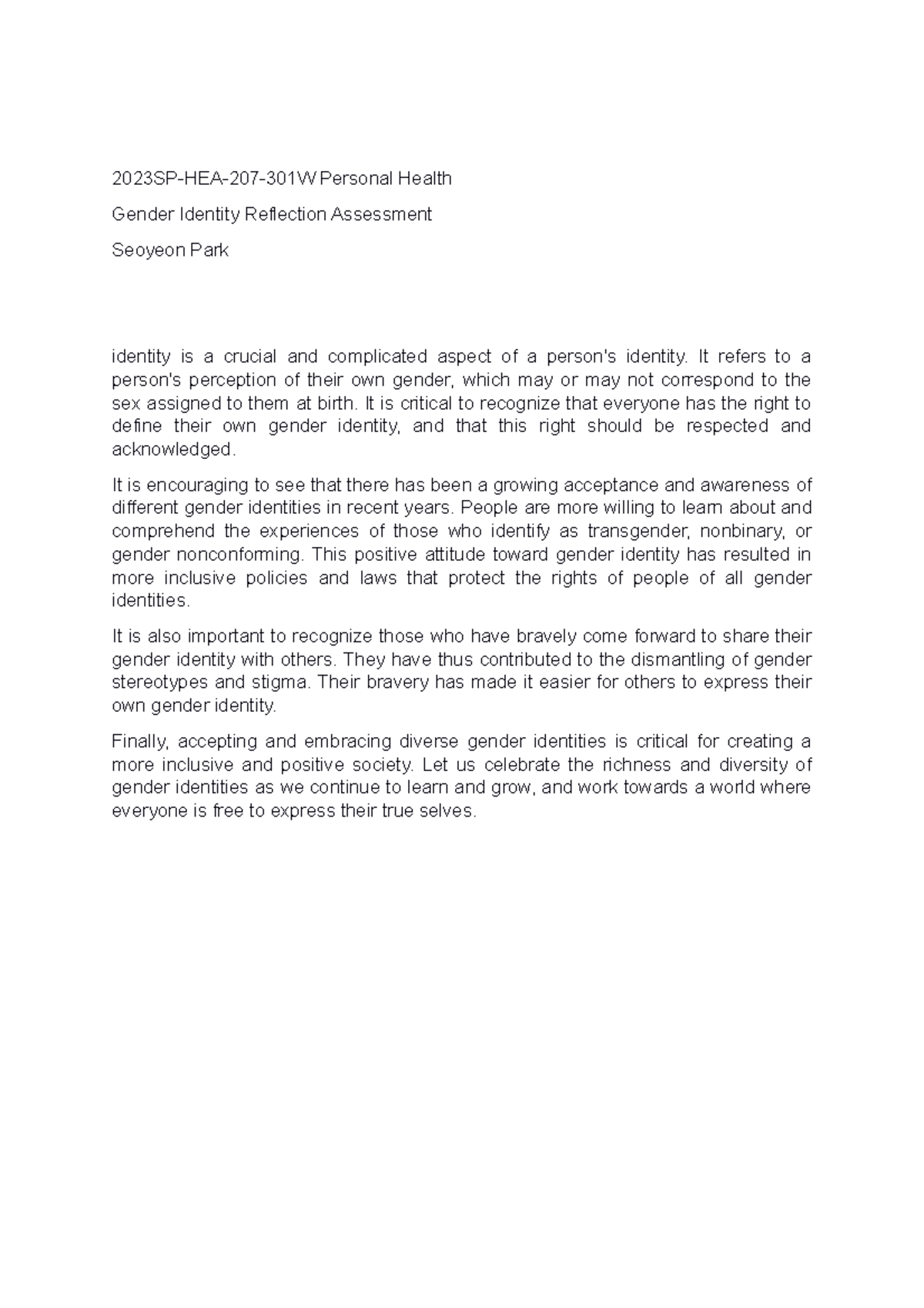 Gender Identity Reflection Assessment - 2023SP-HEA-207-301W Personal ...