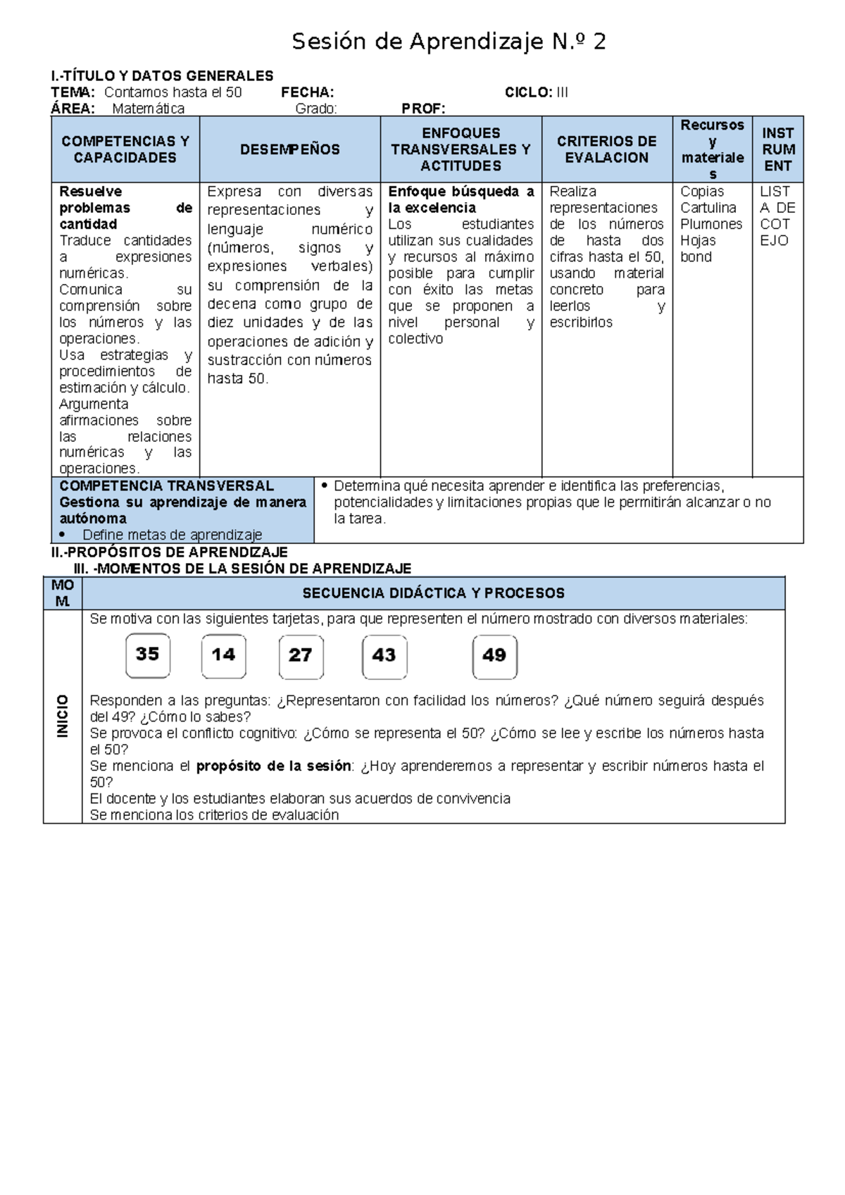 Sesion DIA 2 Matematica - I.-TÍTULO Y DATOS GENERALES TEMA: Contamos ...