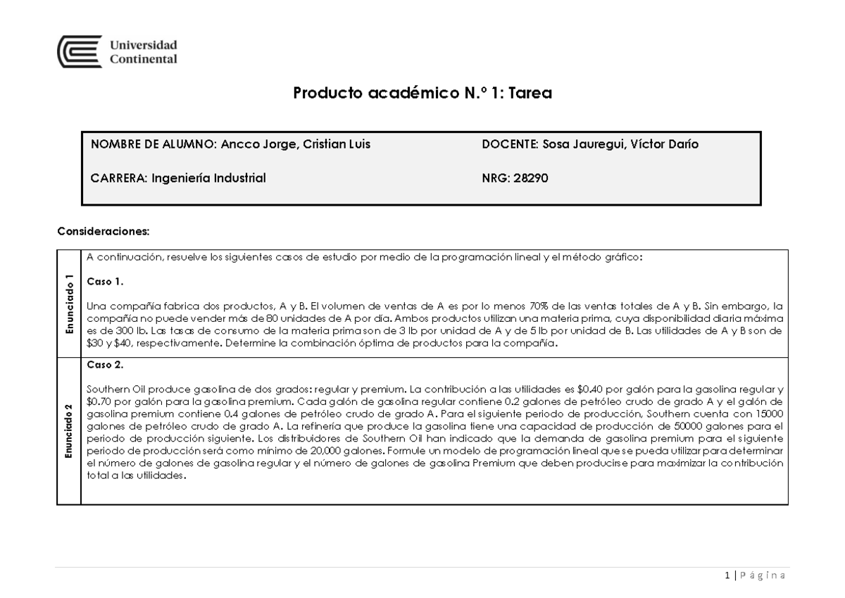 PA1 Ancco Jorge - Producto académico N.º 1 : Tarea Consideraciones: Enunciado 1 A continuación ...