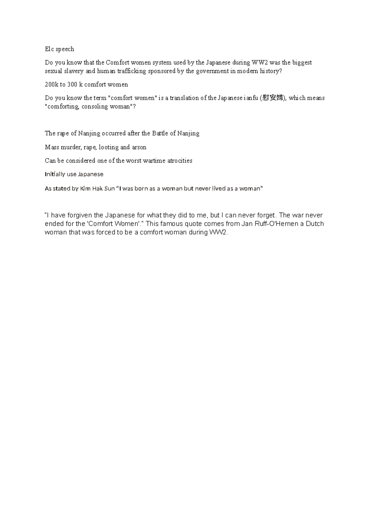 Elc speech script - Elc speech Do you know that the Comfort women ...