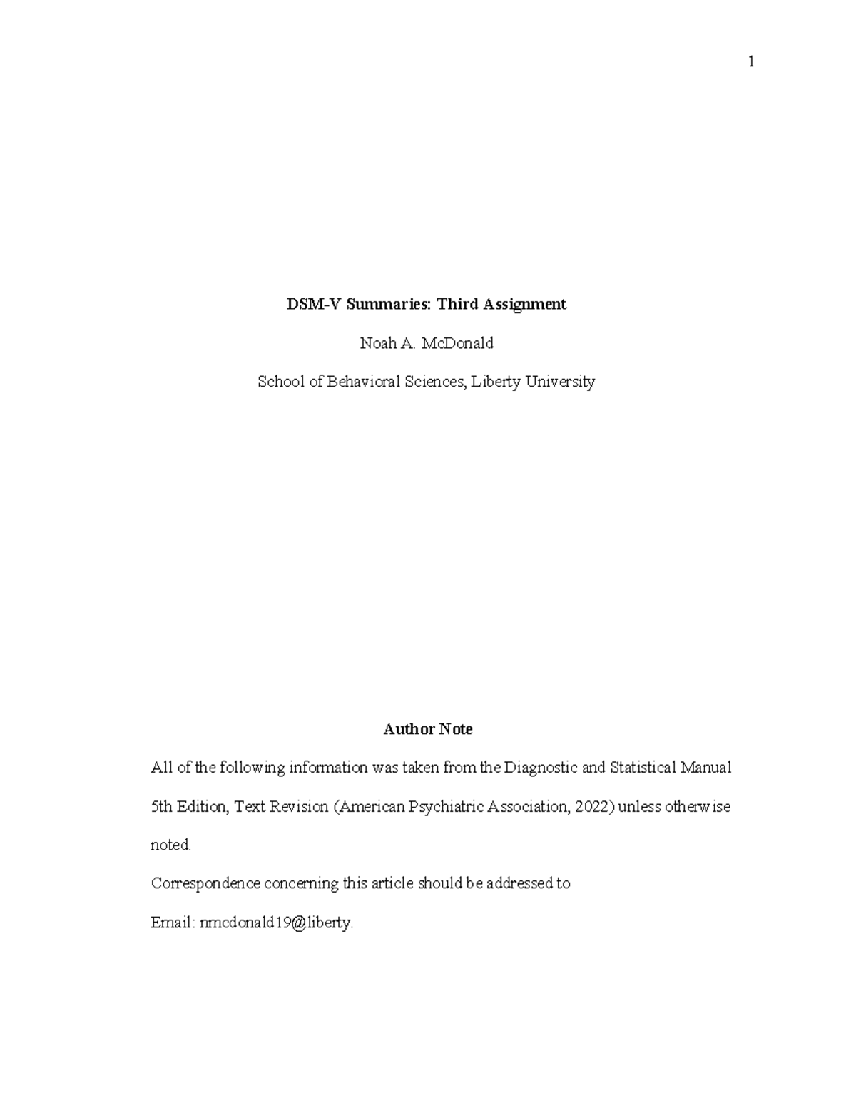 DSM-V Summaries Third Assignment - McDonald School of Behavioral Sciences, Liberty University ...