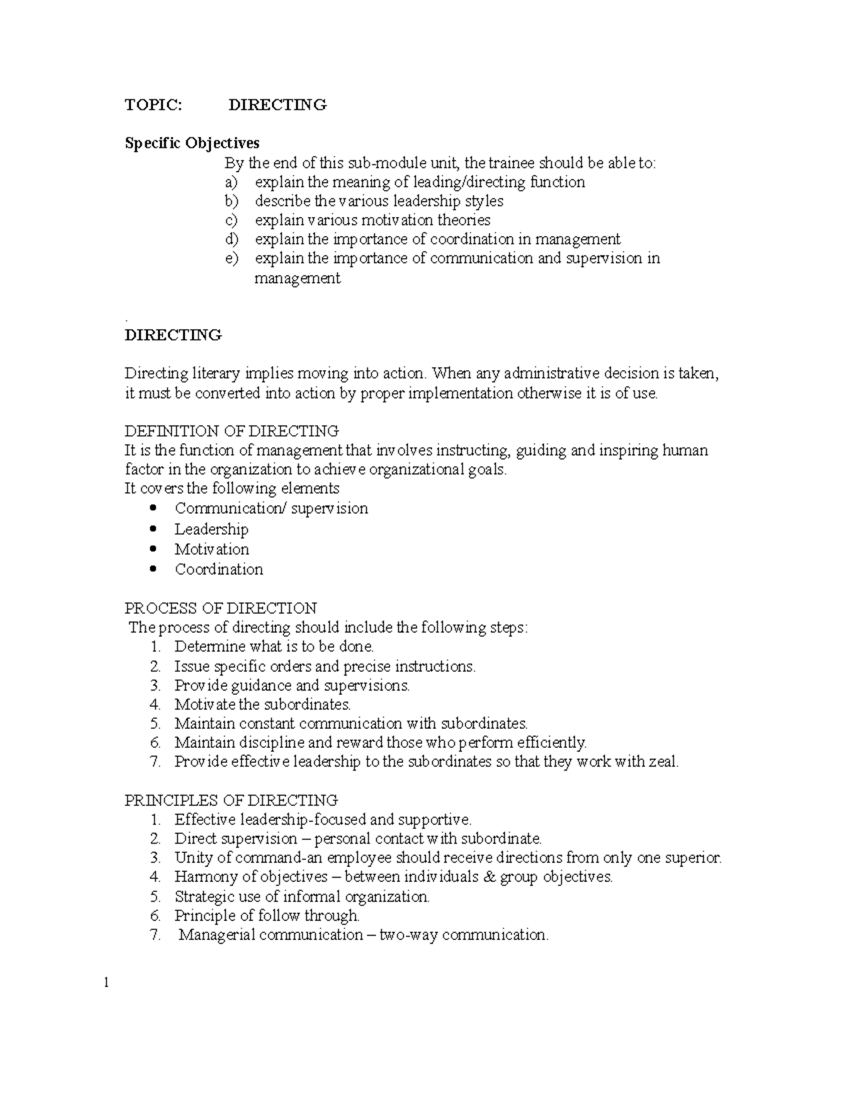 Directing - notes - TOPIC: DIRECTING Specific Objectives By the end of ...