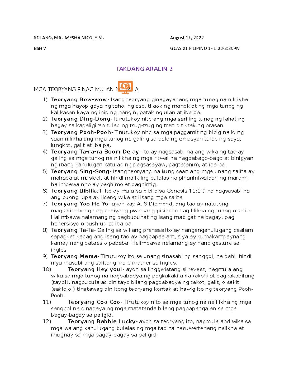 MGA Teoryang Pinag Mulan NG WIKA - SOLANO, MA. AYESHA NICOLE M 16, 2022 ...