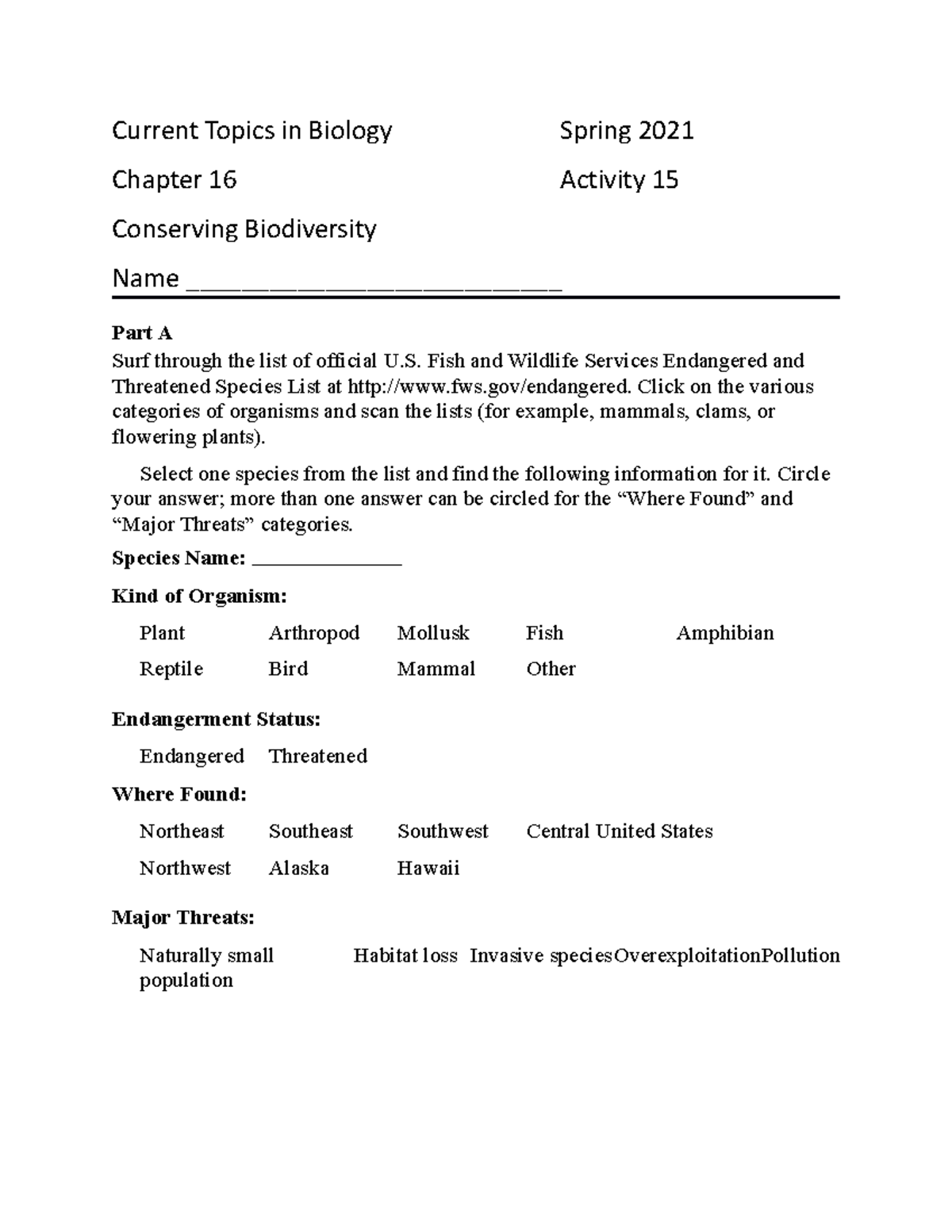 (15) Conserving Biodiversity - Current Topics in Biology Spring 2021 ...
