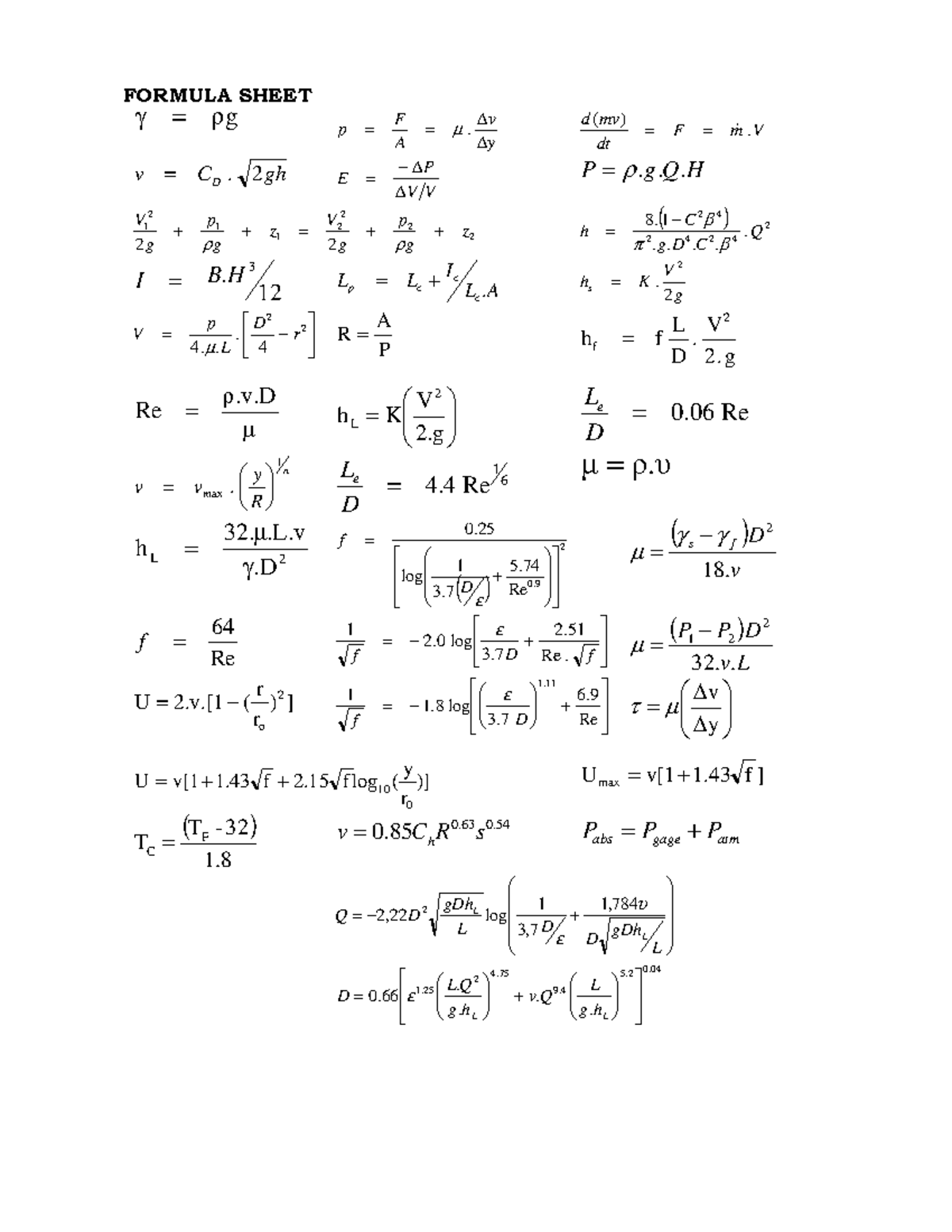 Fluid mech-sem 2 formula sheet - FORMULA SHEET = ρg p = v = CD . 2 gh E ...